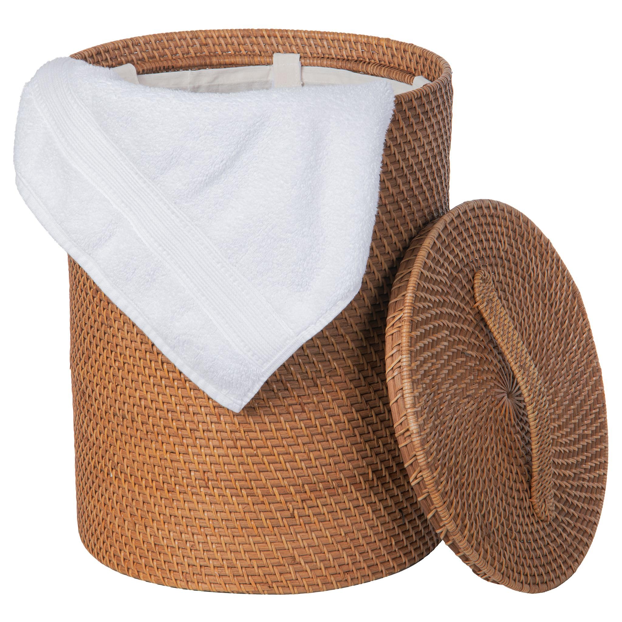KOUBOO Round Rattan Laundry Hamper with Removable Liner and Lid - Coastal, Natural Decor Style - Small Size for Apartment Living - Honey-Brown -18 in. height