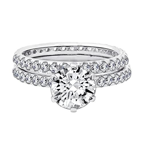 Amazon Essentials Platinum-Plated Sterling Silver Round Ring Set made with Infinite Elements Cubic Zirconia (1 Carat Center Stone), Size 8 (previously Amazon Collection)