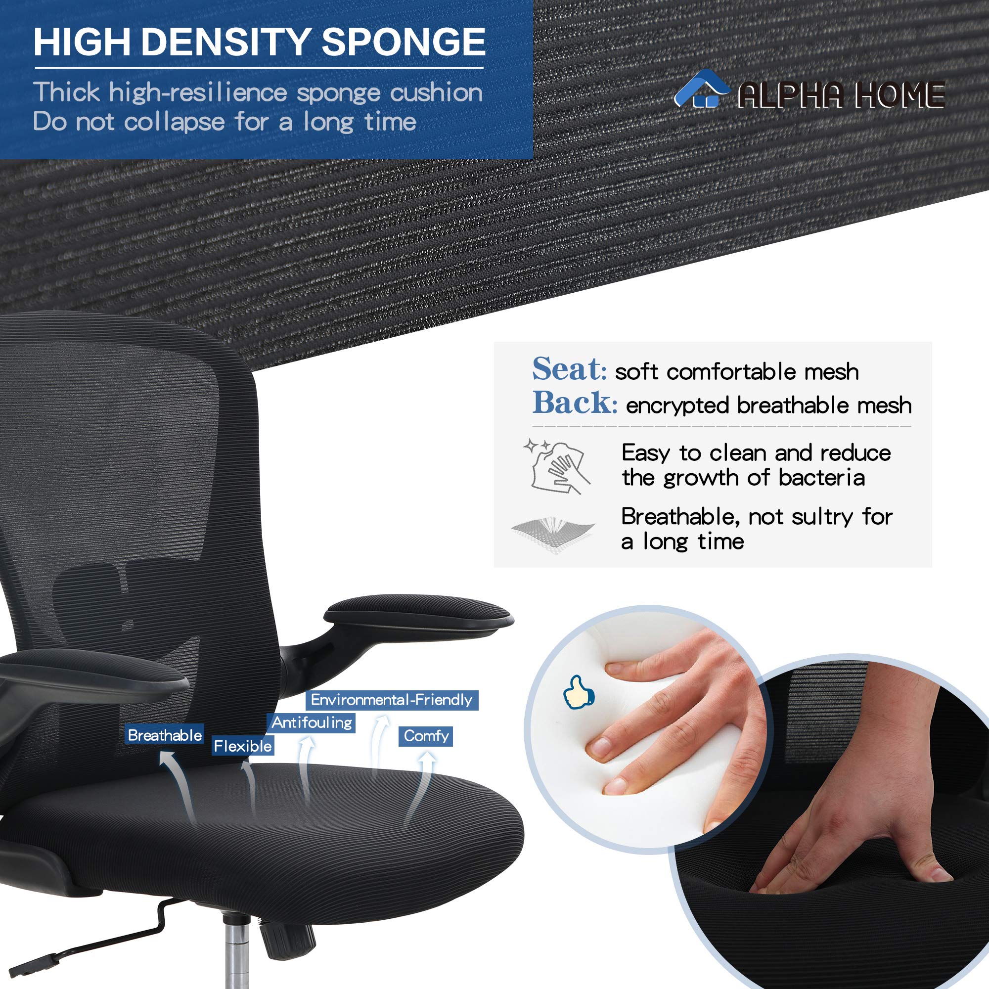 ALPHA HOME Ergonomic Office Chair Mid Back Computer Desk Chair with Flip-up Tufted Armrest Executive Adjustable Chair with Lumbar Support Mesh Rolling Swivel Chair with Casters-Capacity 250LBS