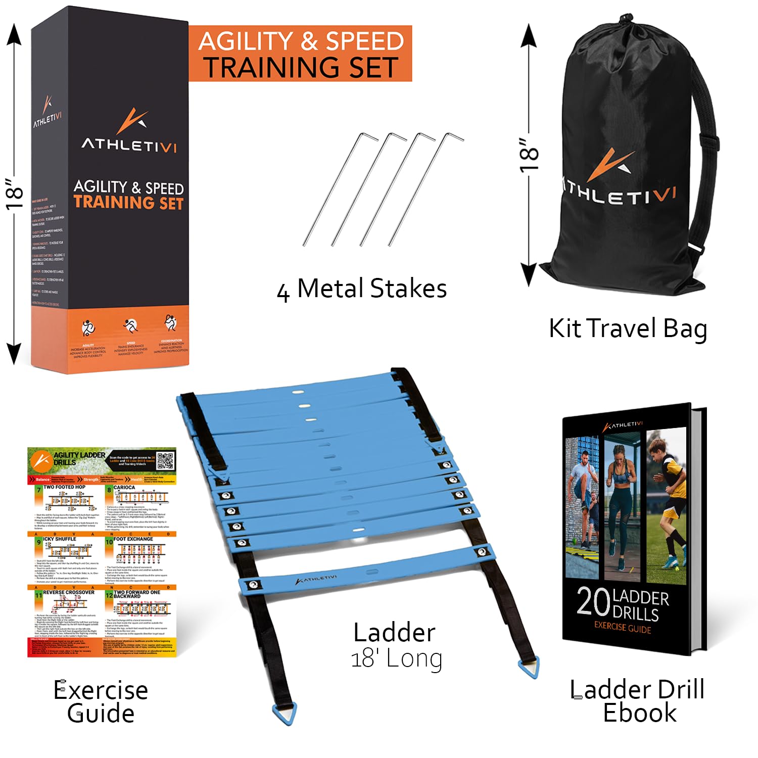 Athletivi Agility Training Equipment Set for Proffesional Training, Adults, Youth & Kids. Soccer & Footbal Training Set with Fixed-Rung Ladder - Enhance Speed, Power & Strength. (Orange Set)