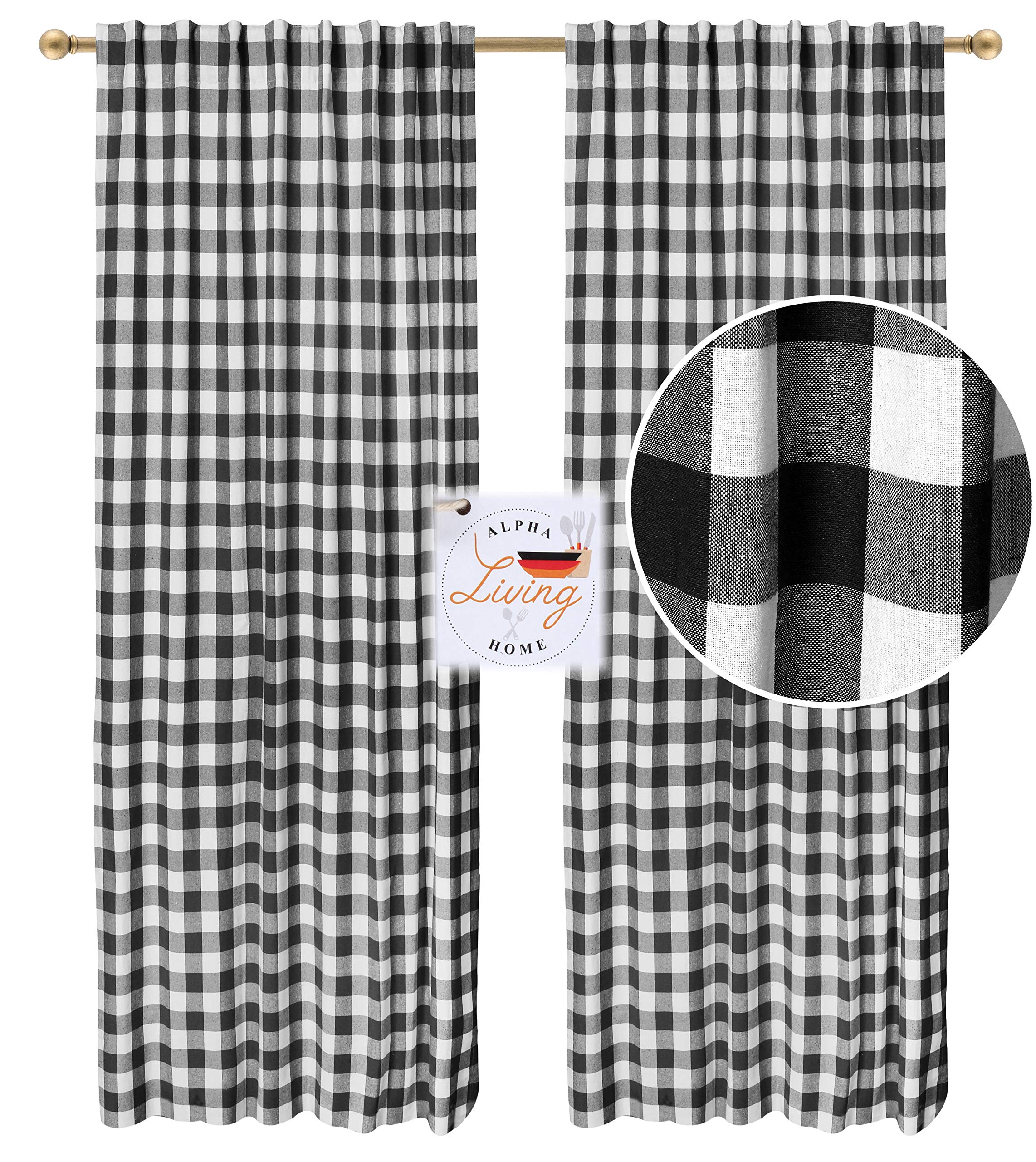 Alpha Living Home Farmhouse Cotton Black and White Buffalo Gingham Check Window Curtains, 50" x 72" 2 Pack Gingham Check Curtain - Black White Bedroom Curtain 72 Inches, Check Tab Top Curtains