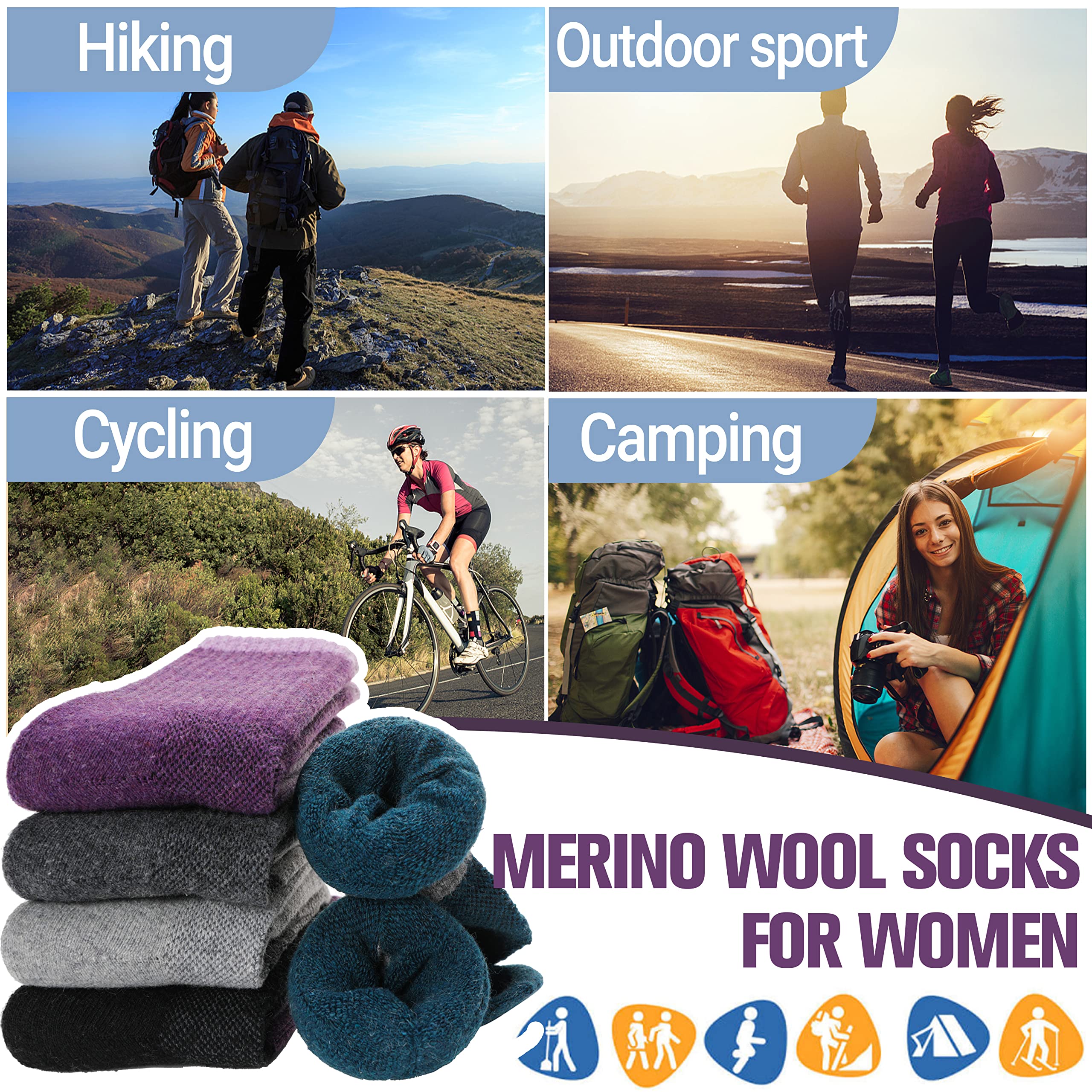 Anlisim Merino Wool Socks for Women Hiking Thermal Warm Winter Boot Work Crew Cushion Ladies Socks 5 Pairs Gift(Black Stripe,(5 Pairs),M)