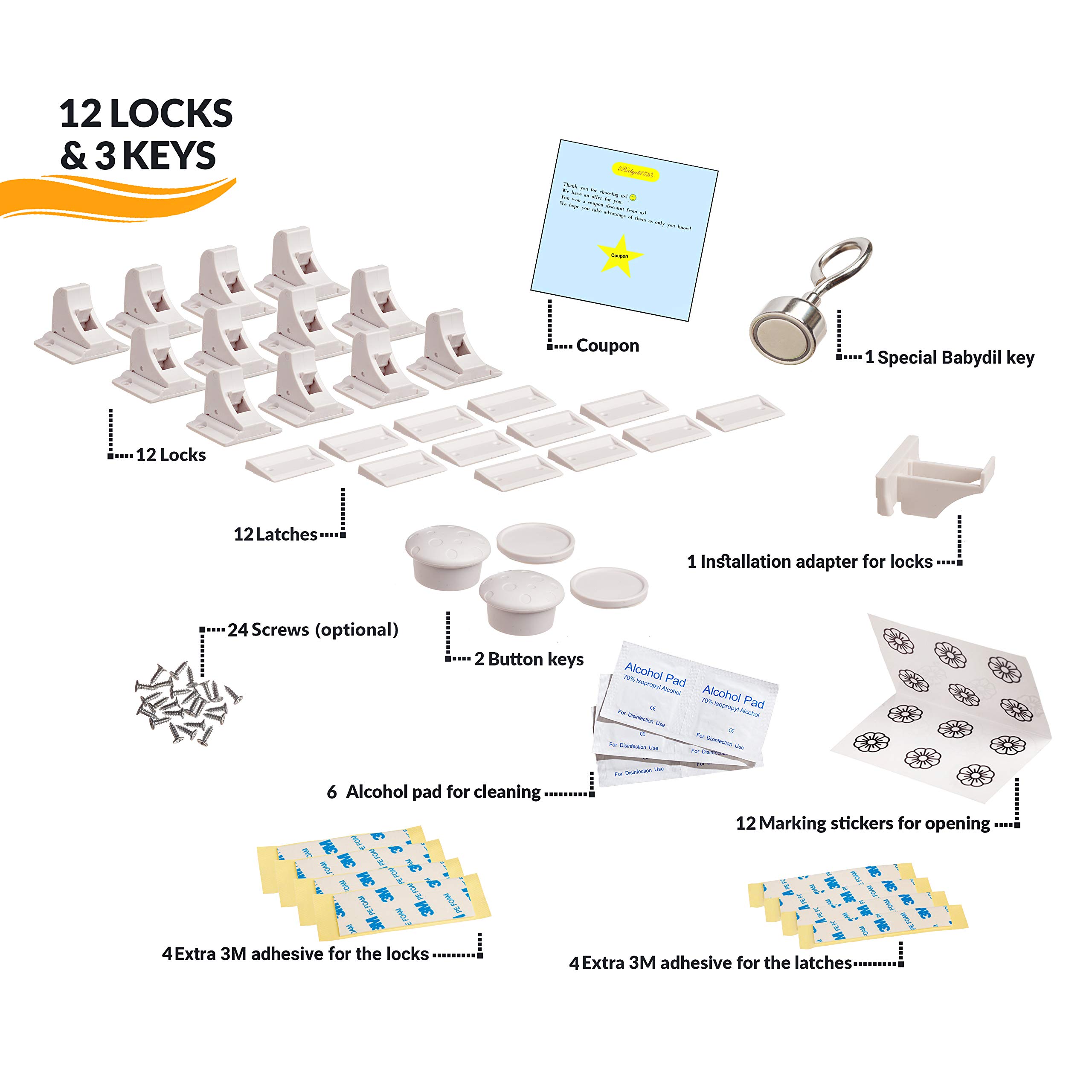 Baby Proofing, Magnetic Cabinet Locks Child Safety 3 Keys β 12 Pack Cabinet Locks for Babies Cupboards & Drawers Latches Adhesive Easy Installation by Babydil