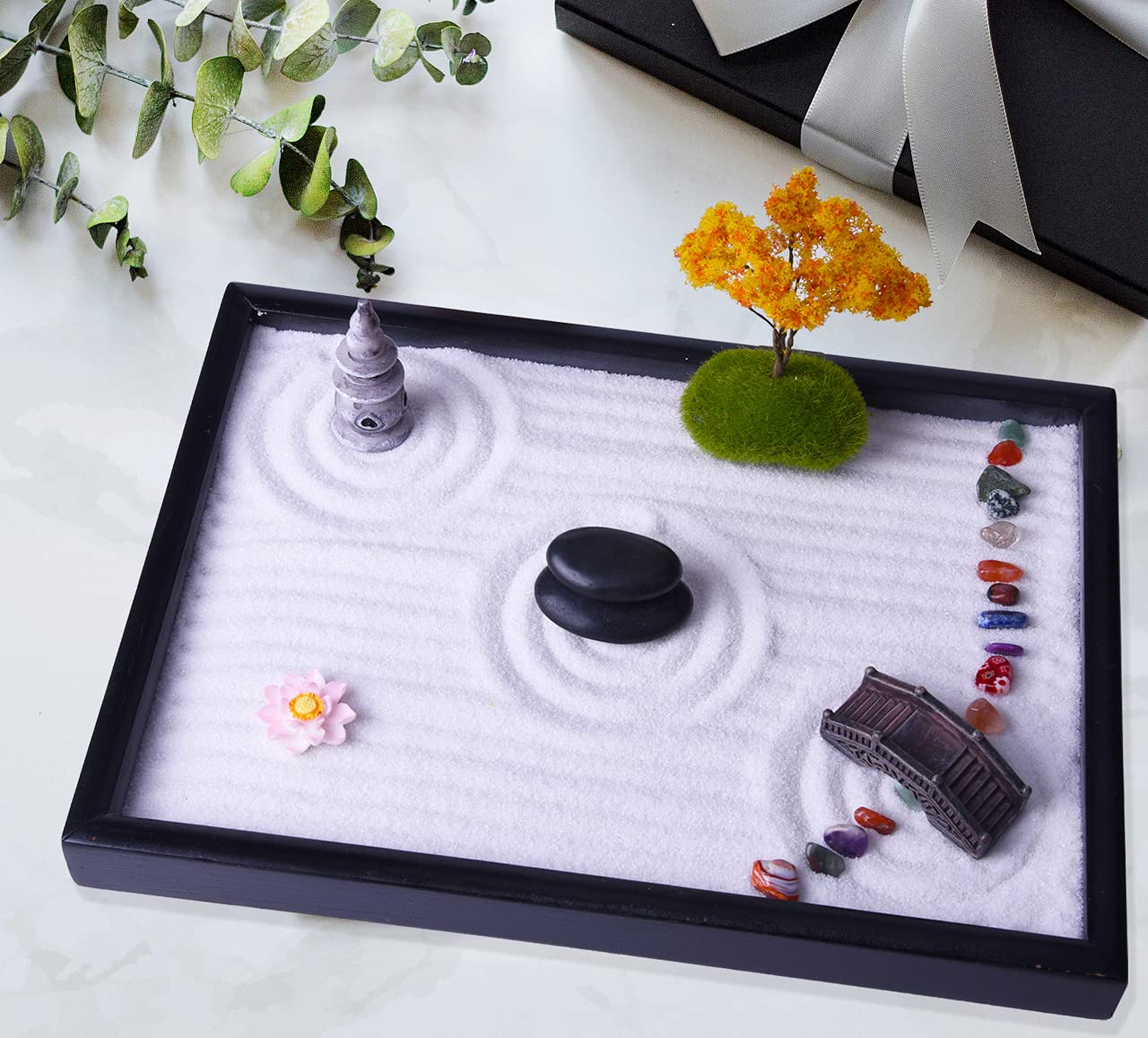 Japanese Zen Garden Kit - Mini Garden with Rock Bridge Pagoda Maple Trees Agate Stones - Meditation Gift Set for Relaxation - Home & Office Desk Decor with Rake Tools and Zen Accessories,Black