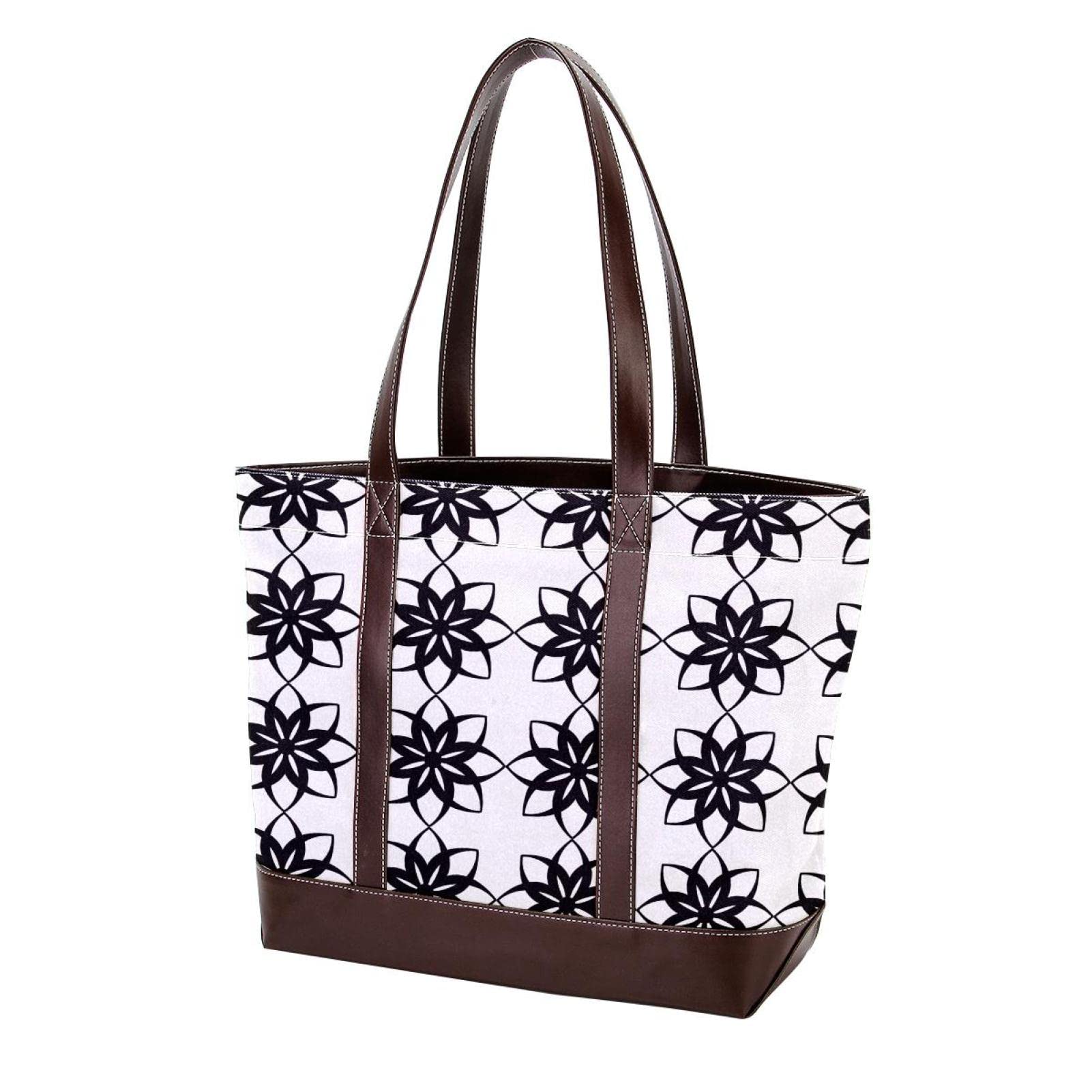 Black and White Repeating Geometric Flower Pattern Tote Bags Large Leather canvas Purses and Handbags for Women Top Handle Shoulder Satchel Hobo Bags