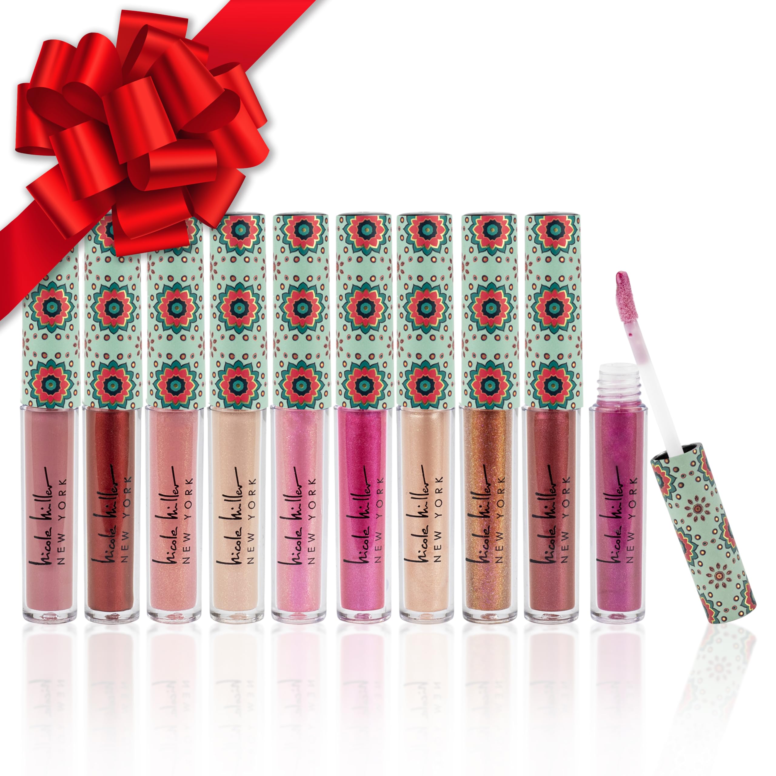 Nicole Miller Lip Gloss Collection Shimmery Glosses for Women and Girls Long Lasting Color Set with Rich Varied Colors, Pink Glossy, 10 Count (Pack of 1)