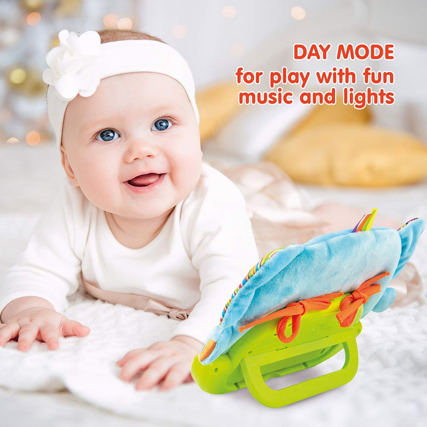Baby Tummy Time Mirror for Floor, Crib, Play Gym & Stroller - Soft Elephant Baby Mirror w/Hidden Characters β Daytime Play & Nighttime Lullaby Modes β 0+ Months