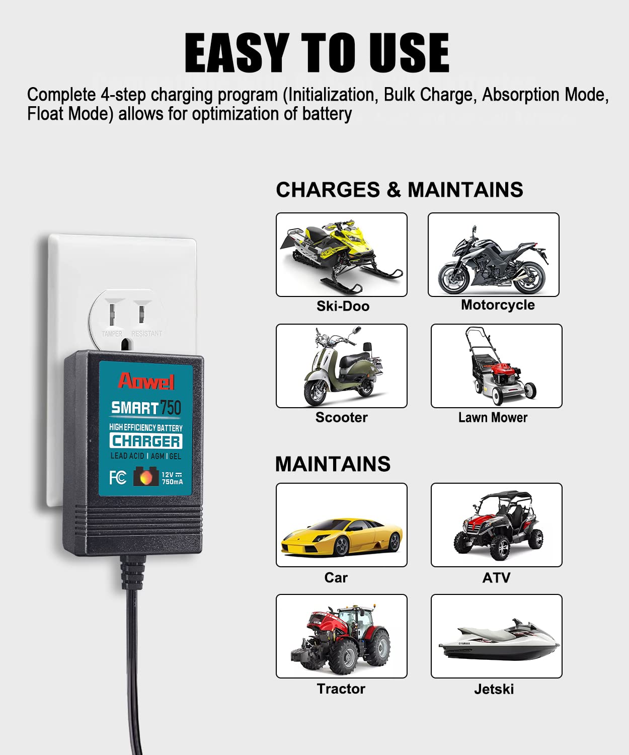 Aowel 750mA Trickle Battery Charger, 12V Fully-Automatic Smart Charger Battery Maintainer for Cars, Motorcycle, ATVs and More