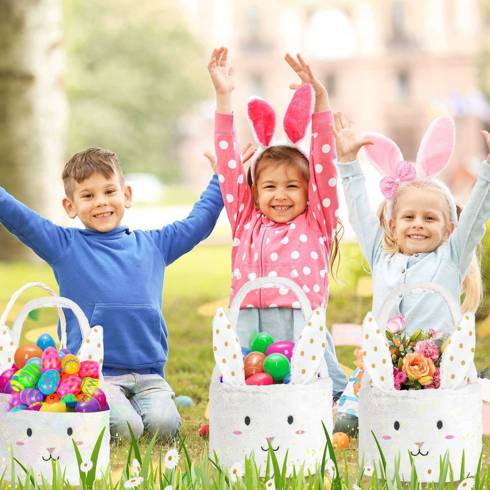 Easter Basket for Toddlers Babies, Cute Fluffy Bunny Basket with Foldable Ears, Easter Baskets Bags for Easter Egg Hunts, Plush Personalized Easter Basket Empty for Kids Girls Boys Gifts, White