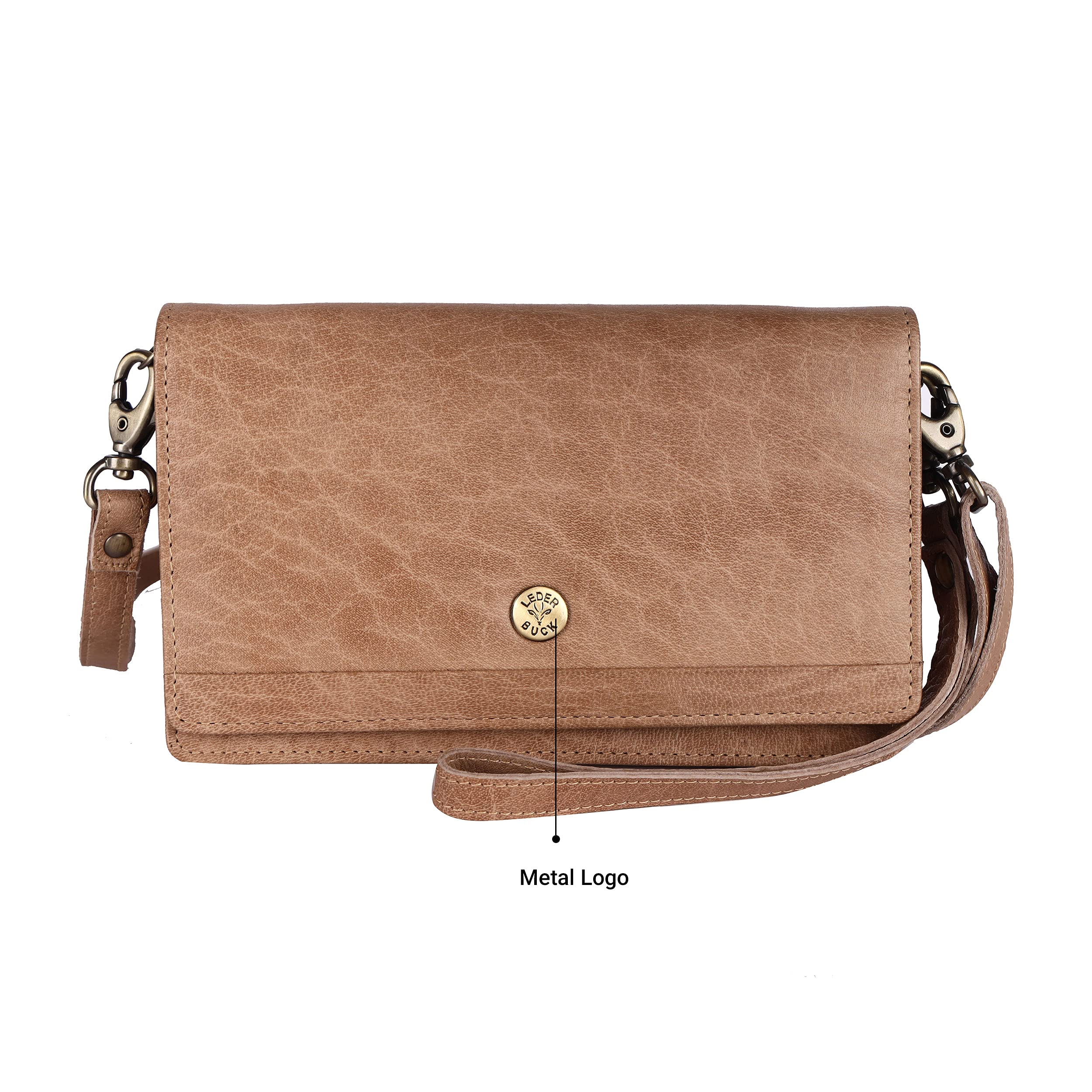LEDERBUCK Real Leather Smartphone Crossbody Handbag Wristlet Purse Clutch for Women (Nougat)