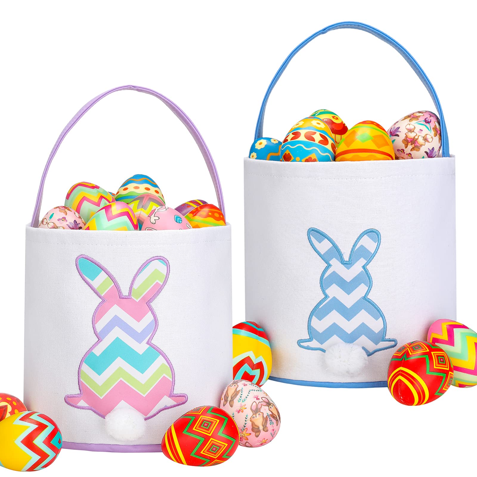 Easter Baskets for Kids 2 Packs Easter Egg Hunt Baskets for Boys and Girls Easter Bunny Candy Storage Gift Basket Easter Day Decorations (Stripe Multi+Blue)