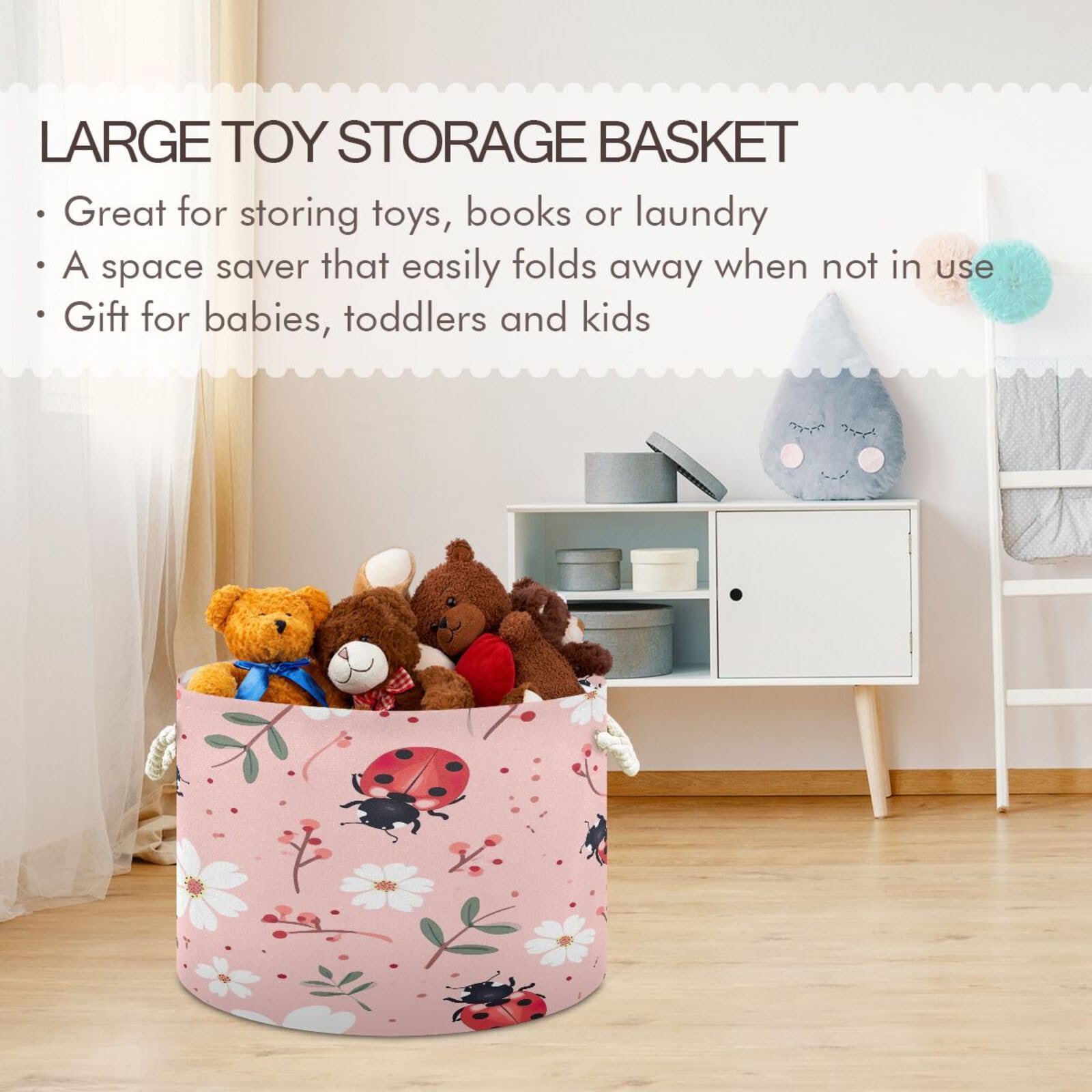SDMKA Lady Bugs on Pink Laundry Basket Extra Large Storage Basket 20" x 14" Blanket Basket Toy Basket Decorative Cotton Rope Handle Laundry Hamper