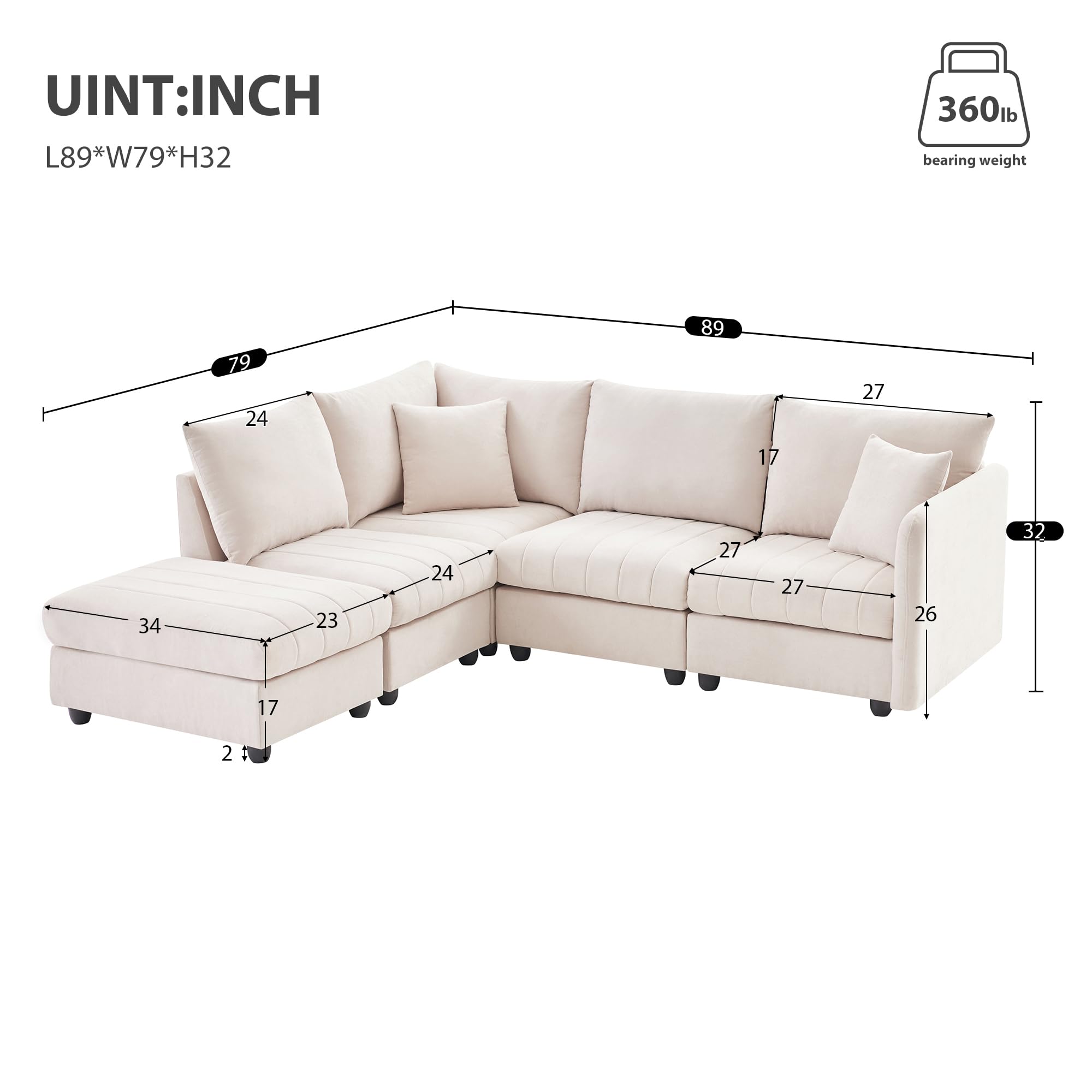 BOSTANA Convertible Sectional Sofa Couch,2 Pillows,5-Seat Couch with Convertible Ottoman,Various Combinations,L-Shape Indoor Furniture for Living Room,Apartment,Office(Beige)