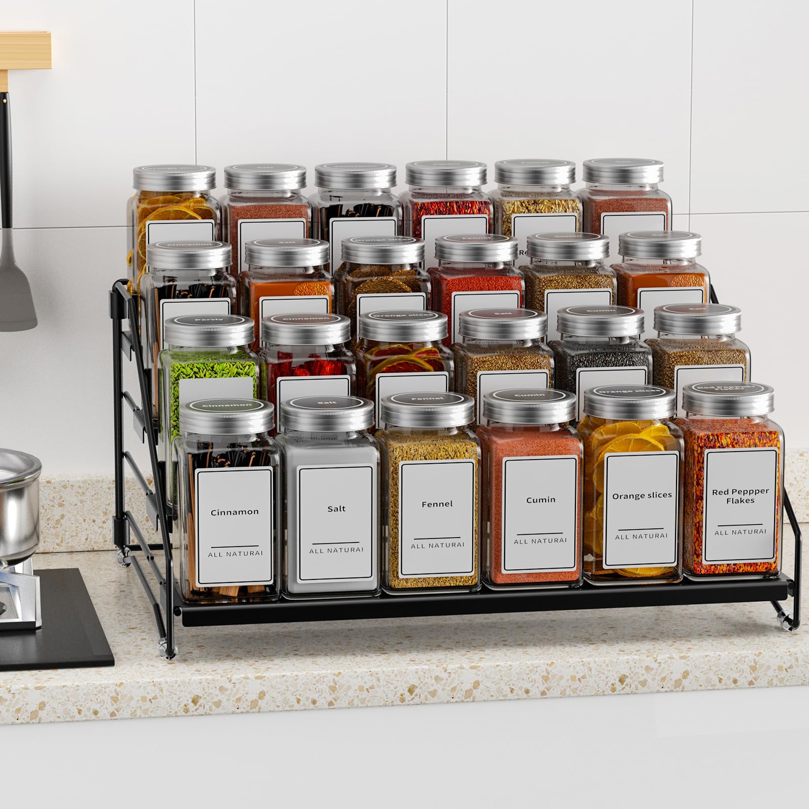 BOIVSHI 4 Tier Spice Rack for Cabinet, Spice Rack Organizer, Depth Adjustable Spice Holder for Countertop, Cupboard, Pantry, Seasoning Shelf, Metal, Black (1 Pack)