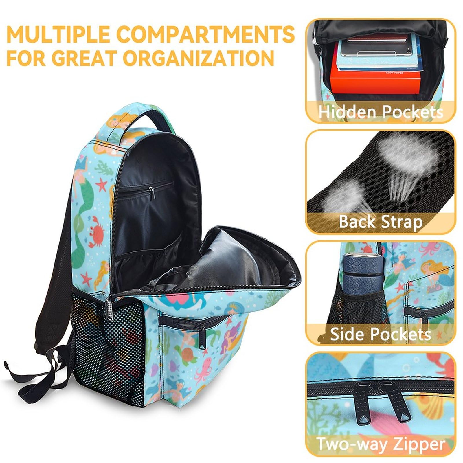 AIOMXZZ Mermaid Backpack with Lunch Box Set for Girls, 3 in 1 School Backpacks Matching Combo, Cartoon Pink Bookbag and Pencil Case Bundle