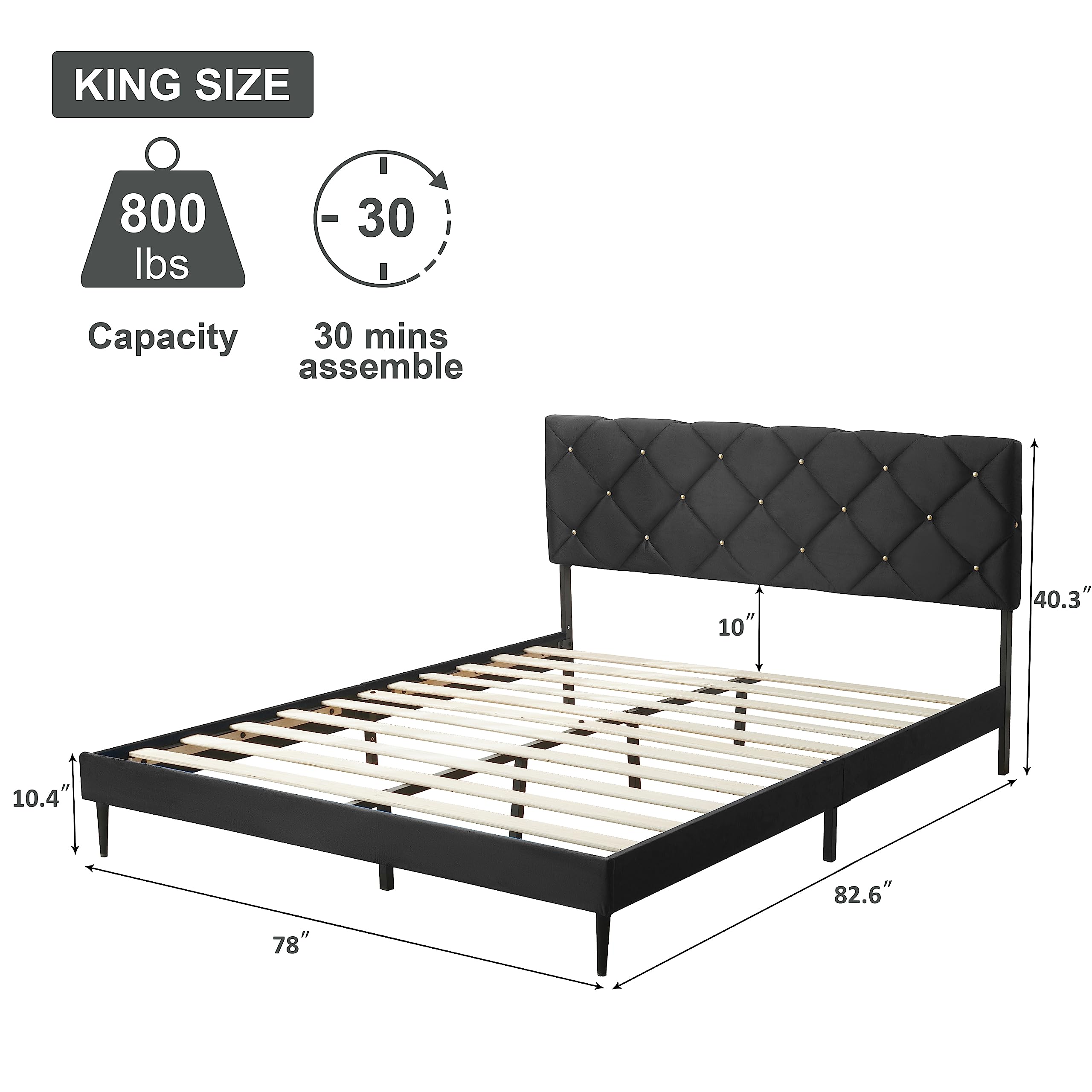 AsKmore King Size Bed Frame,Velvet Upholstered Platform with Headboard and Strong Wooden Slats,Non-Slip and Noise-Free,No Box Spring Needed, Easy Assembly,Black