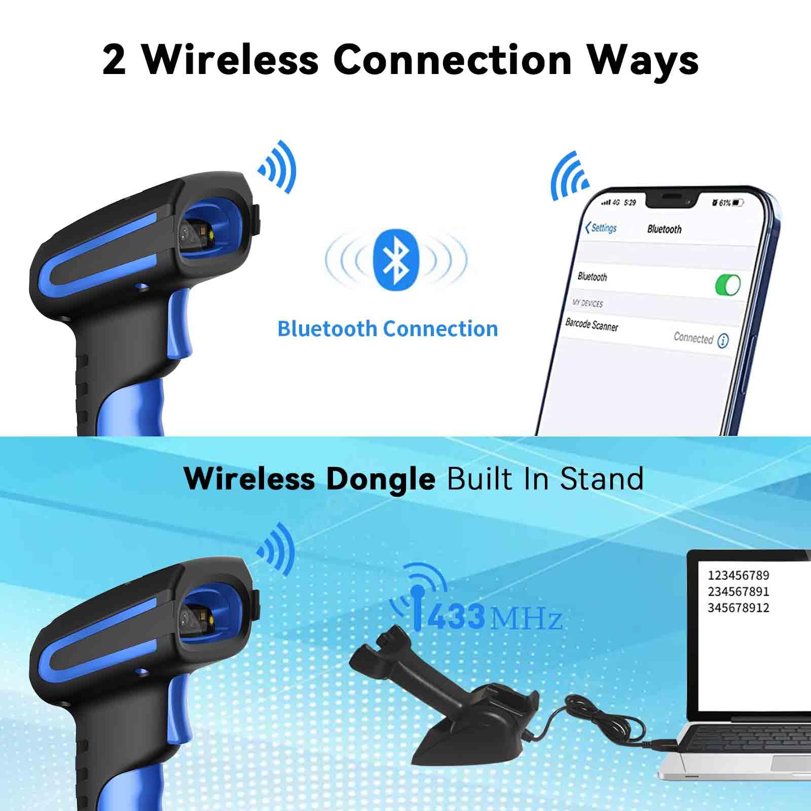 Alacrity Upgraded 2D Industrial Barcode Scanner with Wireless Charging Stand, 1968 Feet Transmission Distance 433Mhz Wireless & Bluetooth 2in1 Barcode Reader, Shock Dust Proof Hands Free, Orange