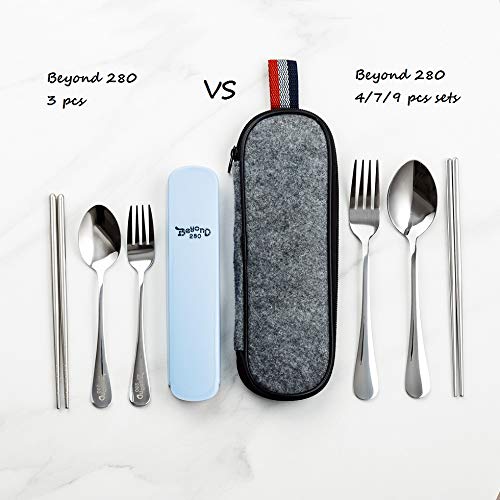Beyond 280 Stainless Steel Flatware Set for School, Travel and Outdoor, Portable 3 Piece Set Reusable Chopsticks, Fork, Spoon (Blue Case)