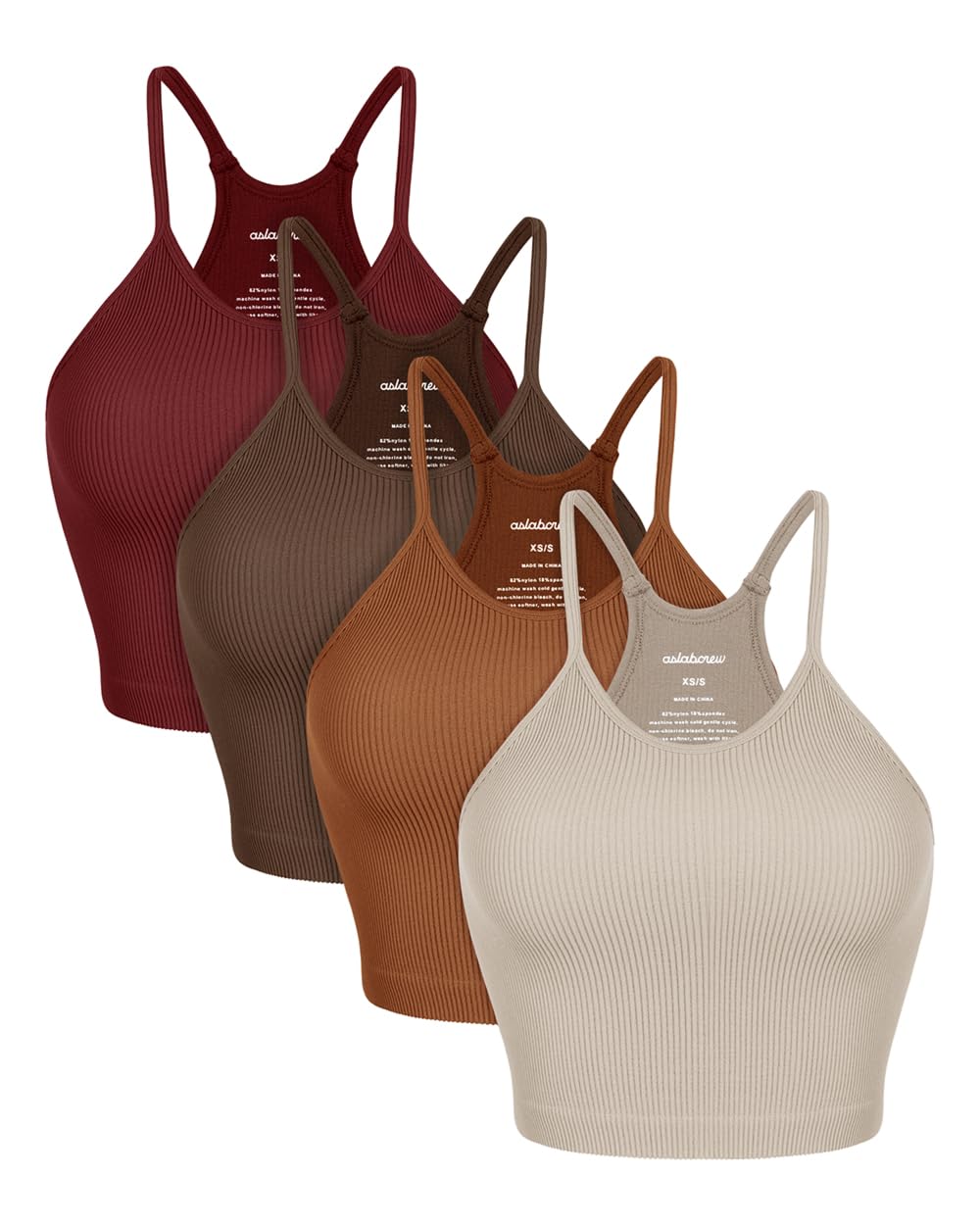 ASLABCREW Women's Crop 4 Piece Seamless Ribbed Camisole Strappy Cropped Tank Tops, Mushroom+Clay+Brunette+Wine, Medium/Large