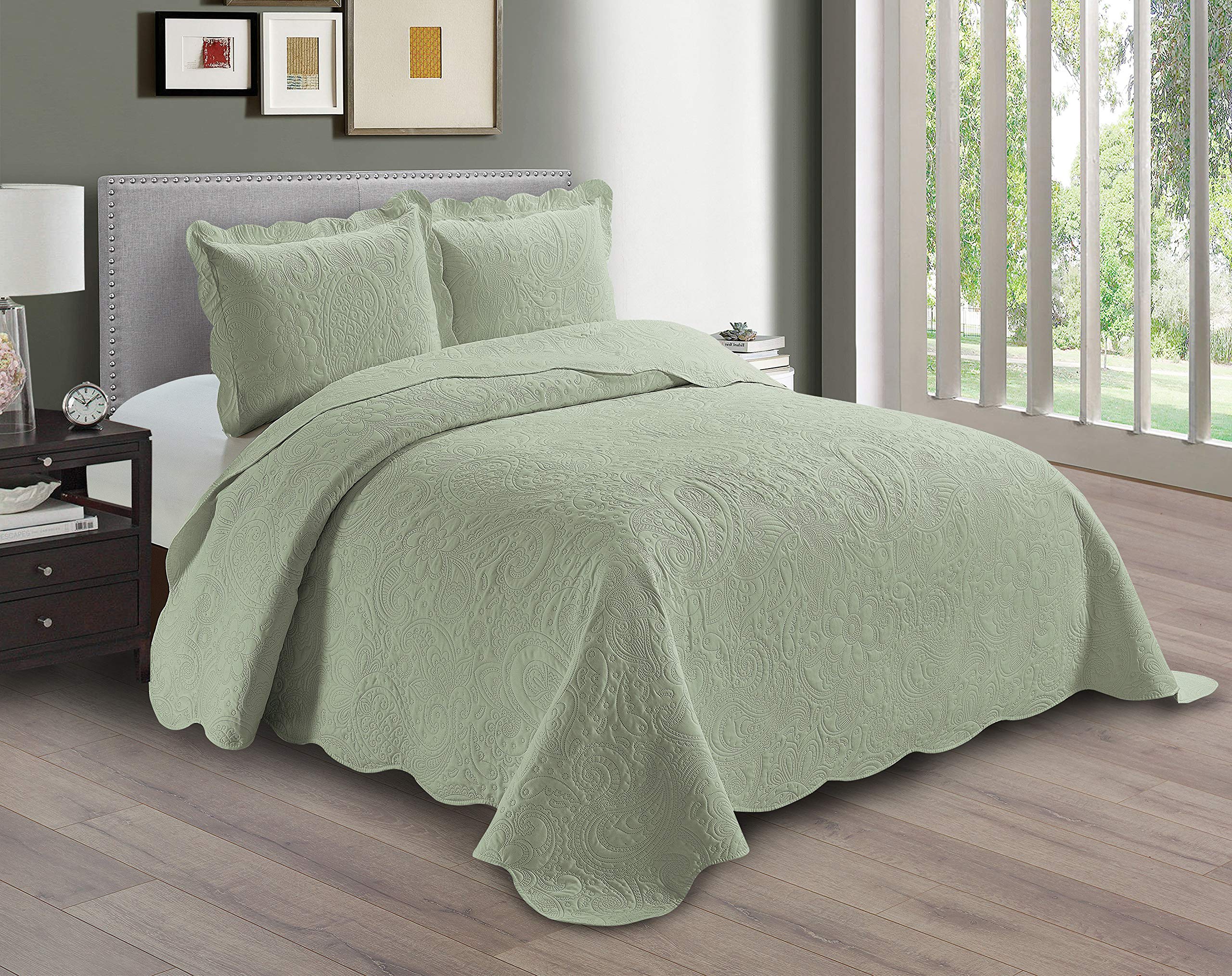 AZORE LINEN Solid Bedspread Quilt Coverlet Bedding Set Embossed with Seamless Floral Paisley Pattern - Dana (Light Green, Full/Queen)