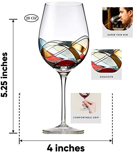 Bezrat Red Wine Glasses Set of 2, Hand Painted Wine Glass, Drinkware Essentials, 11" H, 28oz Wine Lover Large Glass, Glassware Gifts Ideas for Women Inspired by 'Duomo di Milano' Mothers Day (Red)