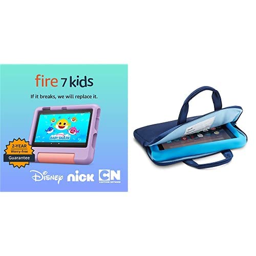 Amazon Fire 7 Kids tablet, 7" display 32GB (Purple) + Kids Zipper Sleeve (Blue)