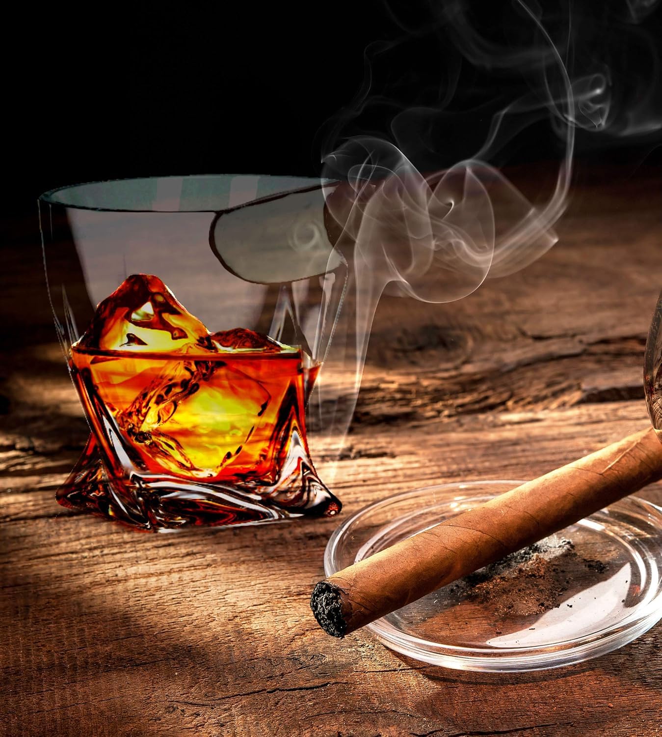 Bezrat Whiskey Cigar Glasses - Set of 2 - Old Fashioned Whiskey Tumbler With Side Mounted Holder Cigar Rest - Father's Day Gift - Dad, Husband, Grandpa, Brother