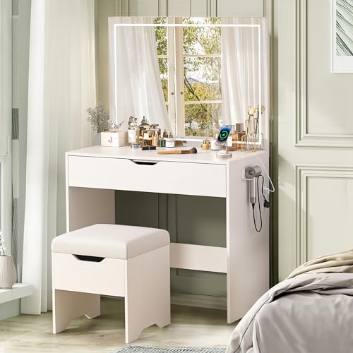 VECELO Vanity Desk Set with LED Lighted Mirror & Power Outlet, Makeup Table with Large Drawer, Storage Stool and Hair Dryer Stand, for Bedroom, White