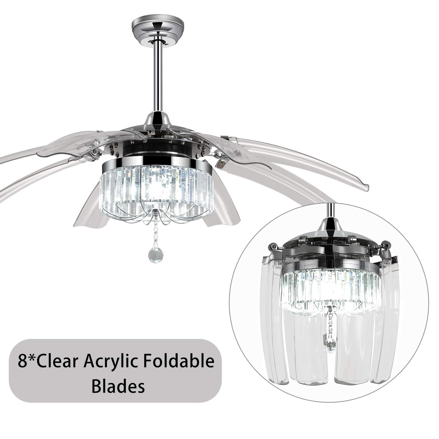 AWEHIRU 48inch Modern Crystal Ceiling Fan Indoor with Lights, Remote Control Fandelier, Retractable Ceiling Fan and Light Bedroom Dining Room Light Ceiling Fan Chandelier Light Fxitures