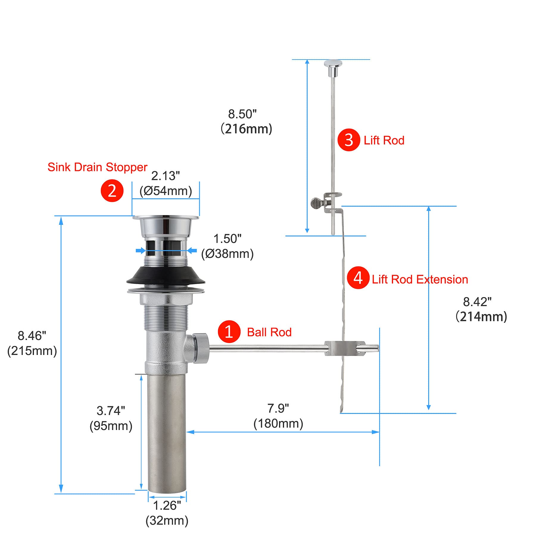 Bathroom Sink Drain with Overflow, Solid Brass Push and Seal Pop Up Drain Stopper Lift Rod, Bathroom Lavatory Vanity Vessel Sink Drain Compatible with Moen, American Standard, Universal Drain Hole
