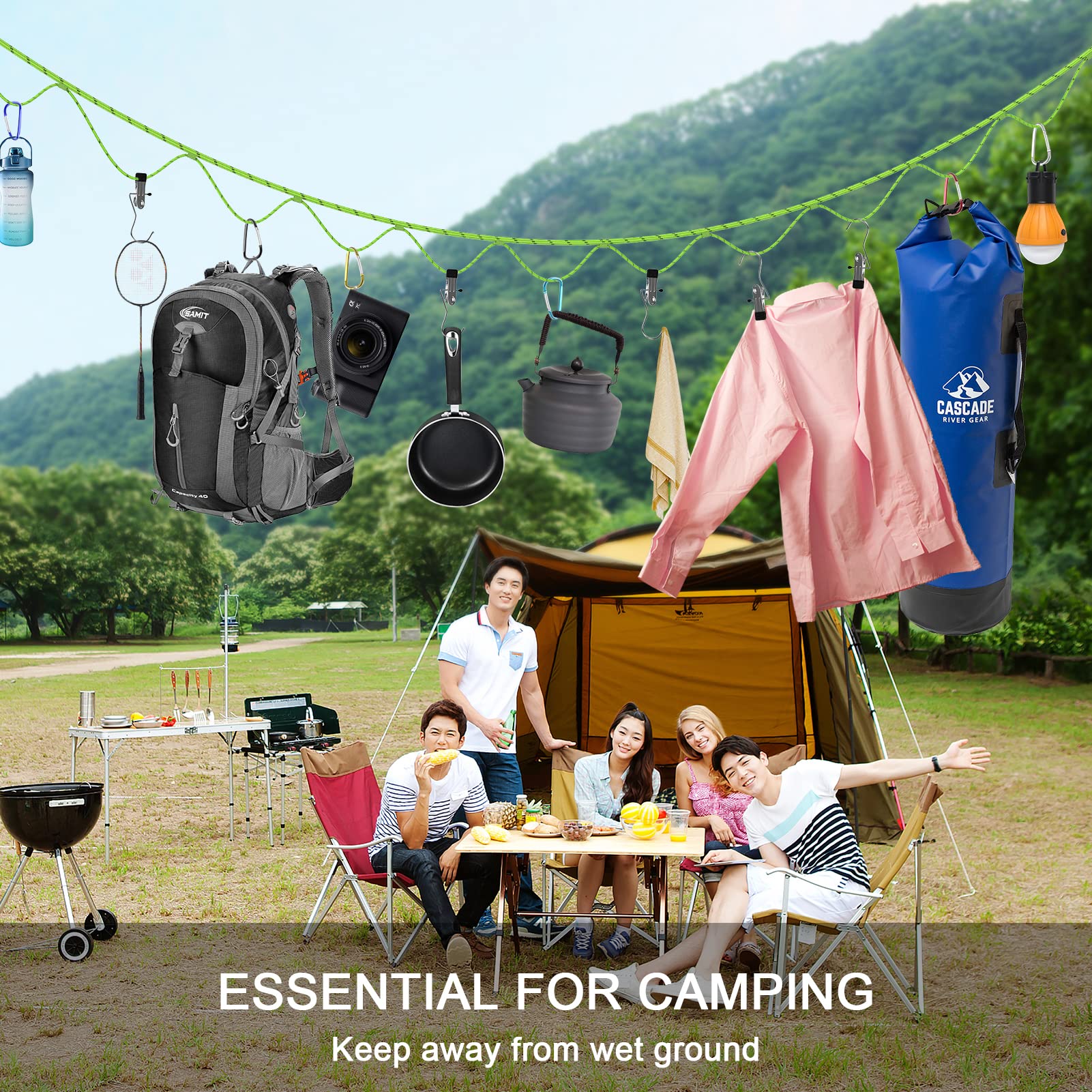 Areson Camping Accessories Campsite Storage Strap with 2 LED Camping Lights, 16ft Adjustable Tent Camping Lanyard Rope Clothesline for Hanging Camping Gear and Equipment, Tent Accessories (Green)