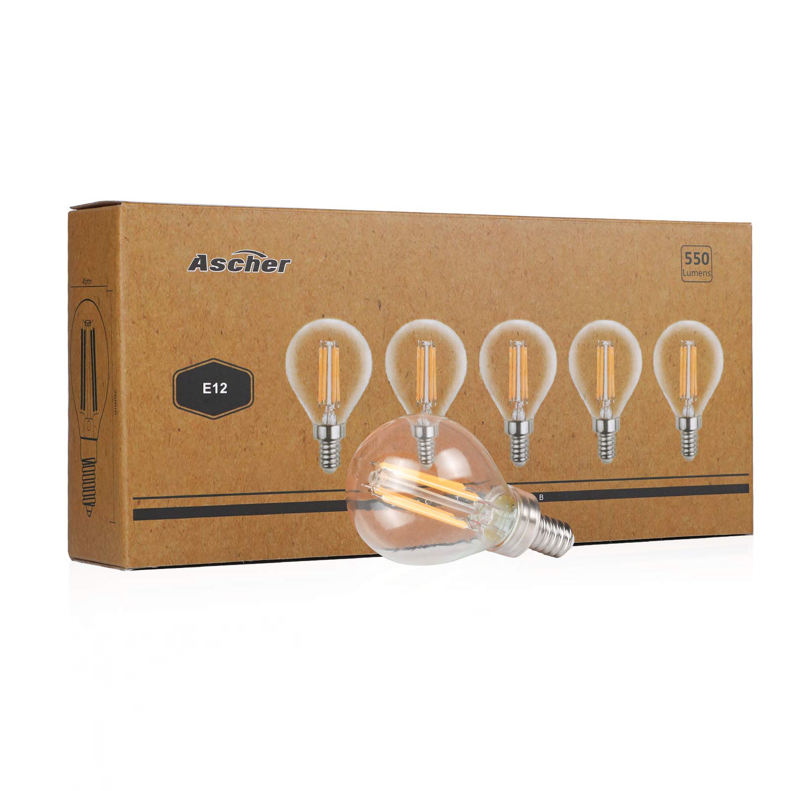 Ascher E12 Candelabra LED Light Bulbs 60 Watt Equivalent, 550 Lumens, Warm White 2700K, Decorative G45 LED Globe Bulbs, Filament Clear Glass, Non-Dimmable, Pack of 5