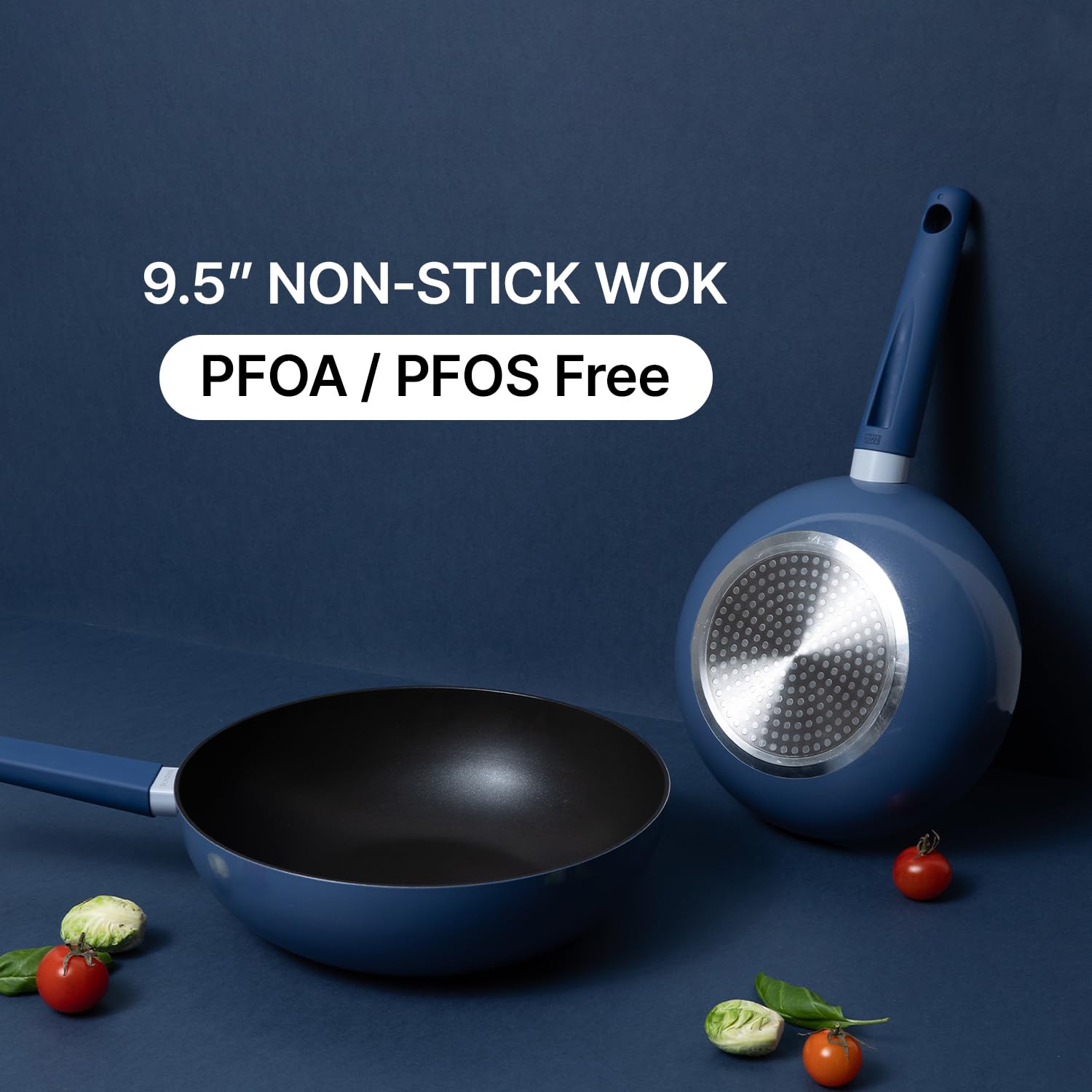 Dr.HOWS Allday Nonstick Wok Pan 9.5 Inch Stir-Fri Pan with Bakelite Handle, PFOA/PFOS Free, Works on Gas, Induction, Ceramic, Halogen, and Electric, Bijou Blue