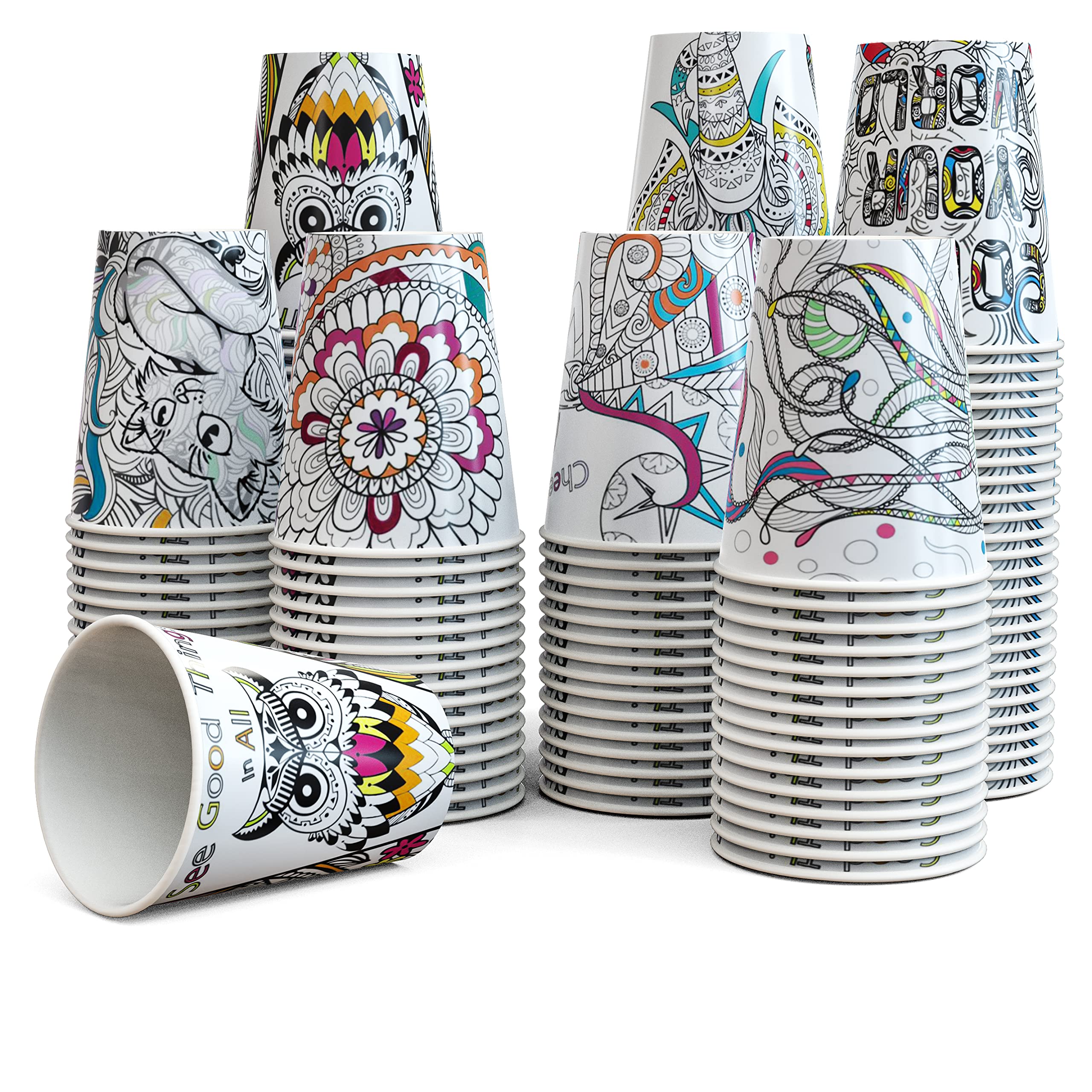 Art Kups 8 oz Paper Cups - 100 Pack - Variety of 7 Colored Unique Designs for Hot Cold Drinks - Eco-Friendly Disposable Cups for Events - Colorable, Recyclable, Ideal for Coffee Tea