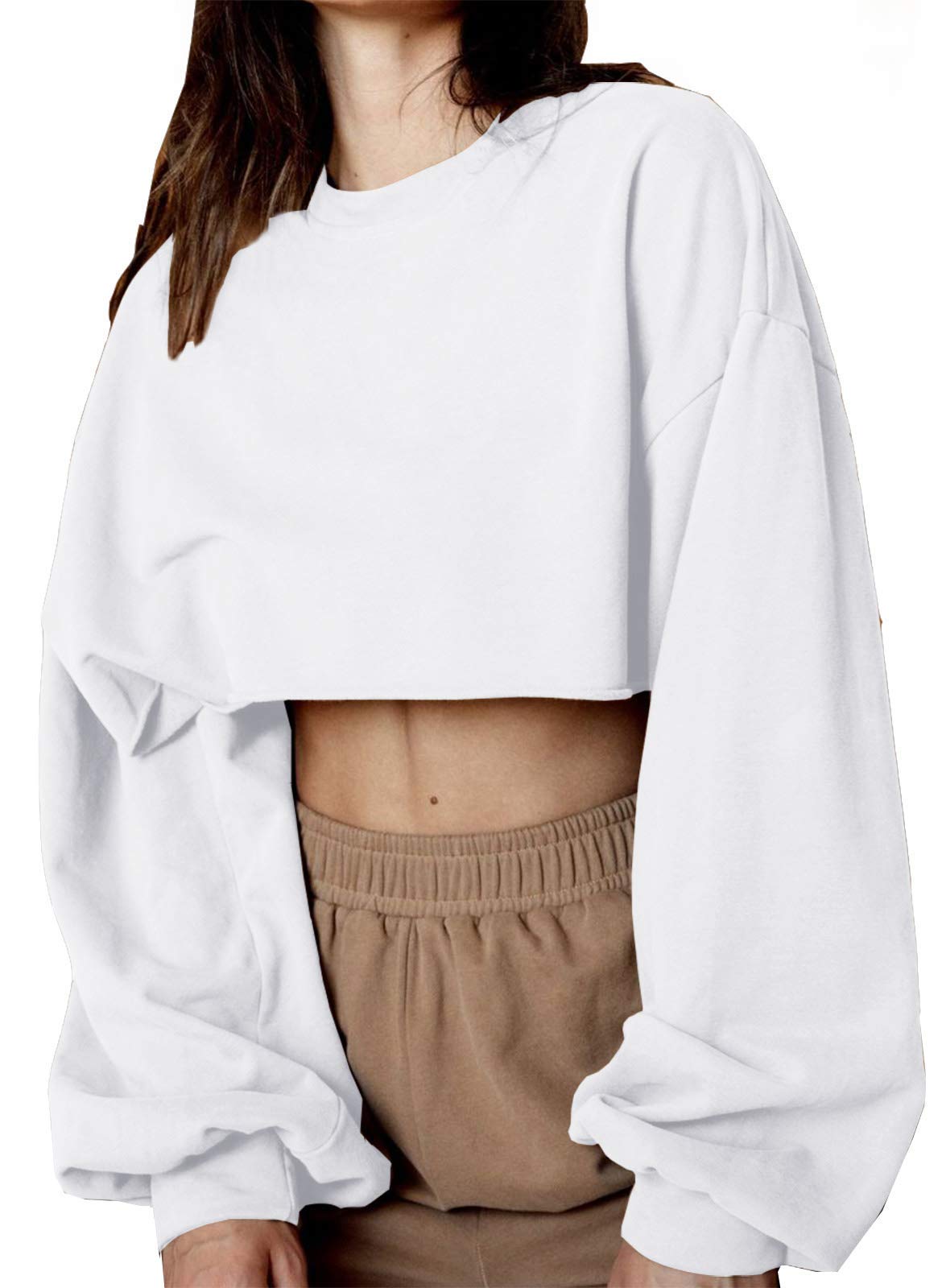Artfish Women's Crewneck Long Sleeve Workout Casual Cropped Teen Loose Sweatshirts White M