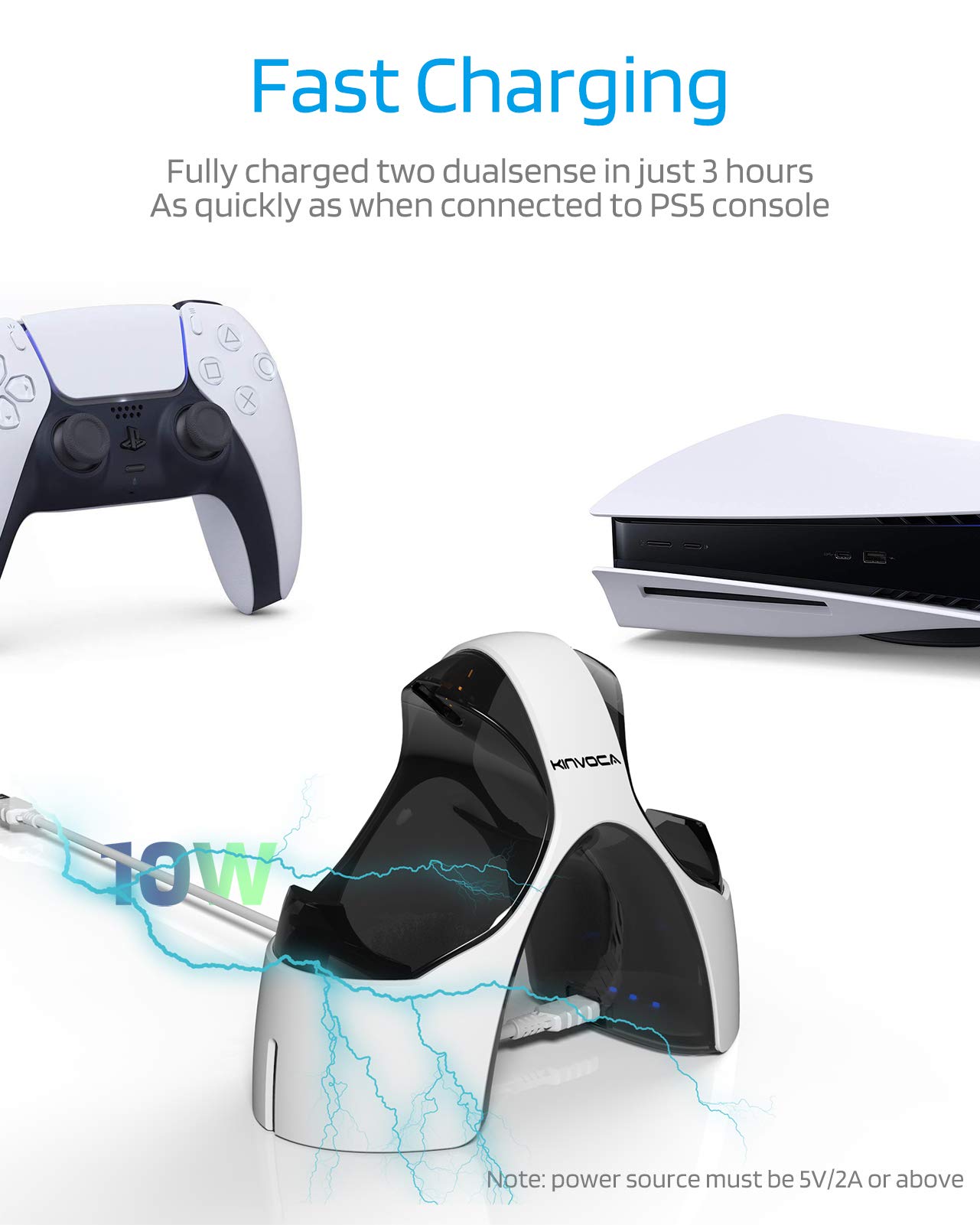 KINVOCA PS5 Charging Station,Controller Charger for DualSense, Charging Dock for Playstation 5 Wireless Controller, Supports Fast Charging and Over-Charging Protection (Charging Cable Included)