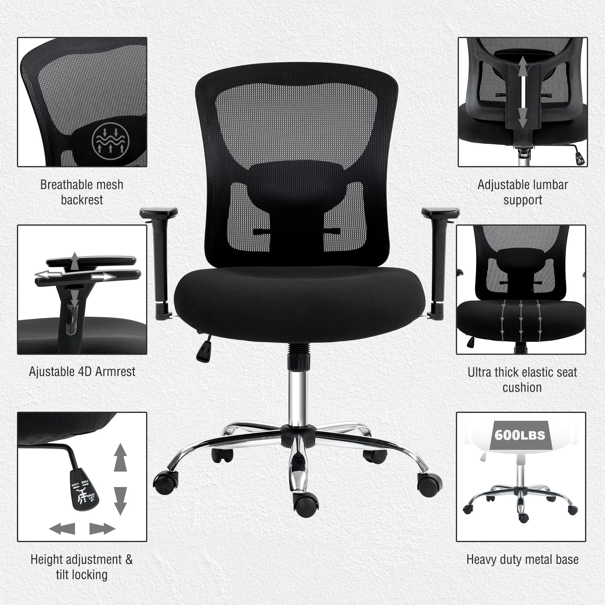Big and Tall Office Chair 600lbs, Ergonomic Mesh Chair, Computer Executive Heavy Duty Desk Chair with 4D Armrests, Wide Thick Soft Seat, Adjustable Lumbar Support and Tilt-Black