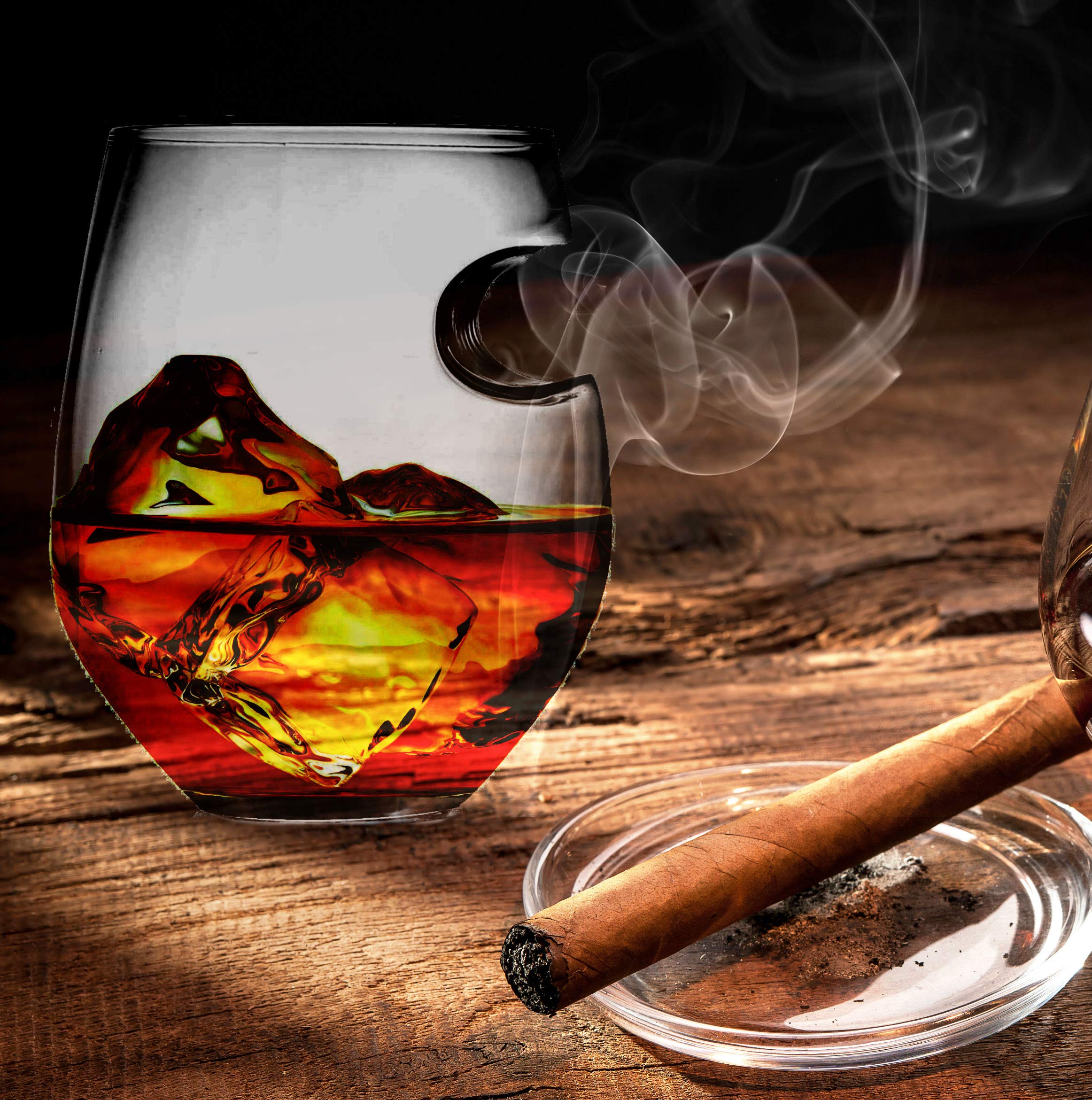 Bezrat Whiskey Cigar Glasses - Pack of 2-10 oz - Double Old Fashioned Round Tumbler With Side Mounted Cigar Holder Rest - Whiskey Glasses Christmas Gift (2 Pack)