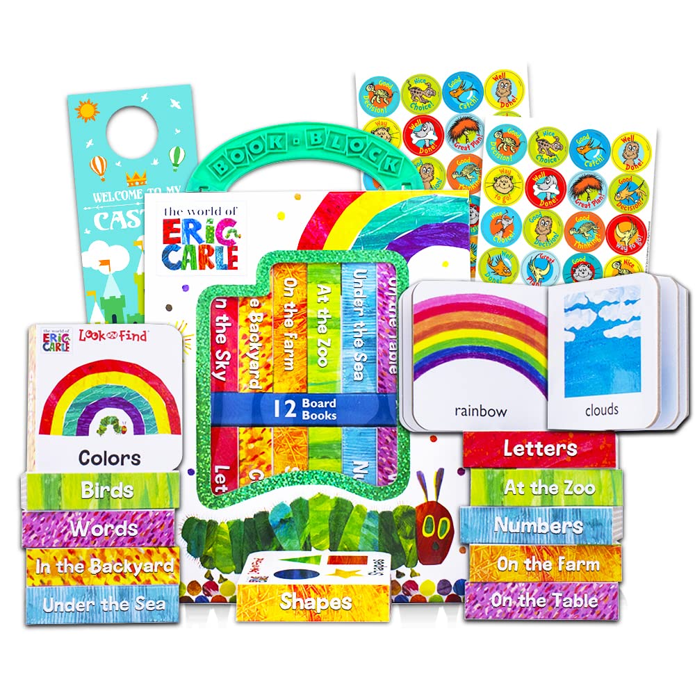 Eric Carle Board Books Set for Babies Toddlers - Eric Carle Book Block Case with 12 Mini Books and Stickers