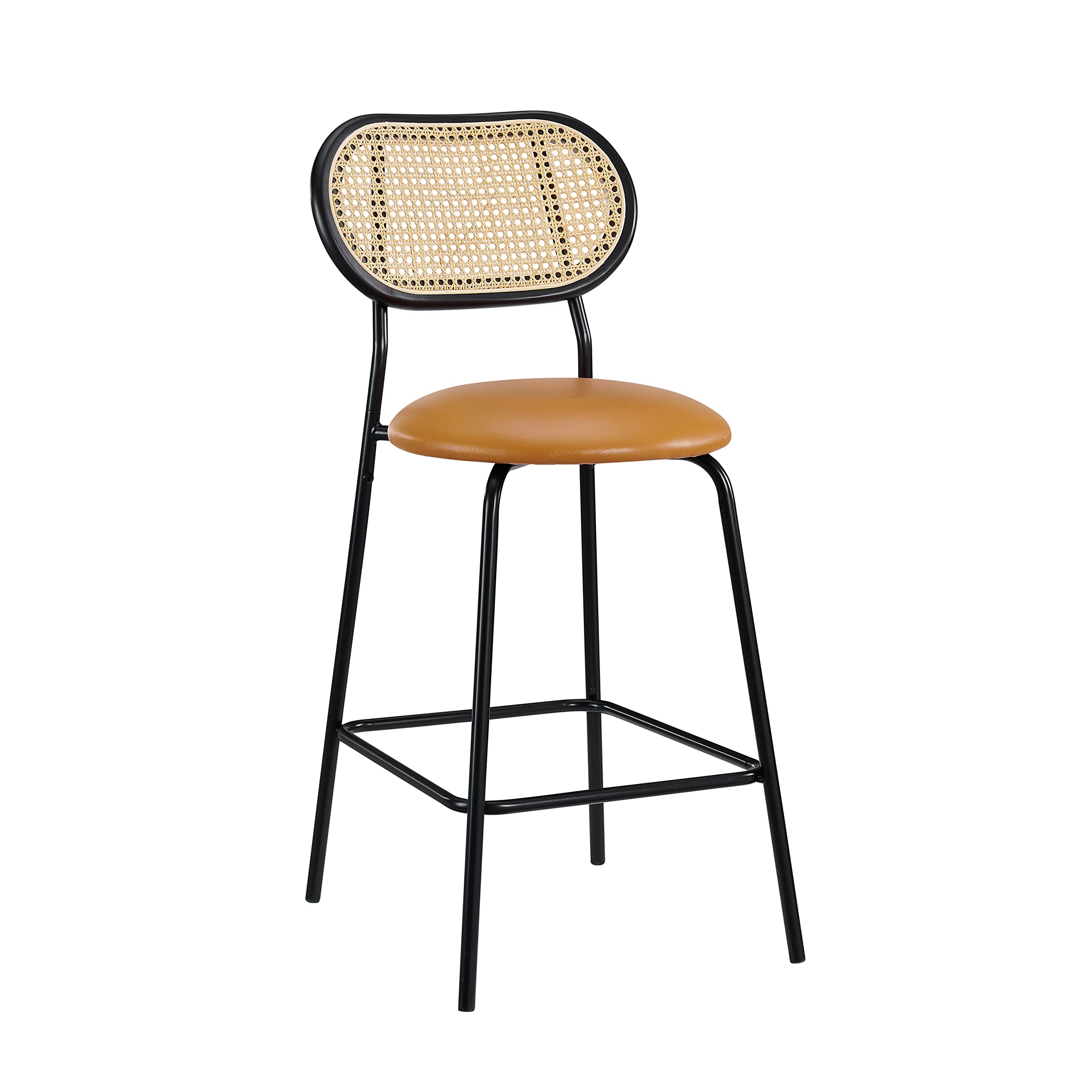 Art Leon Rattan Bar Stools Set of 4, Oak Back Frame, Modern 26 Inch Counter Height Barstools, Faux Leather Upholstered Bar Chairs, Armless Kitchen Chairs with Rattan Backrest Metal Legs, Black