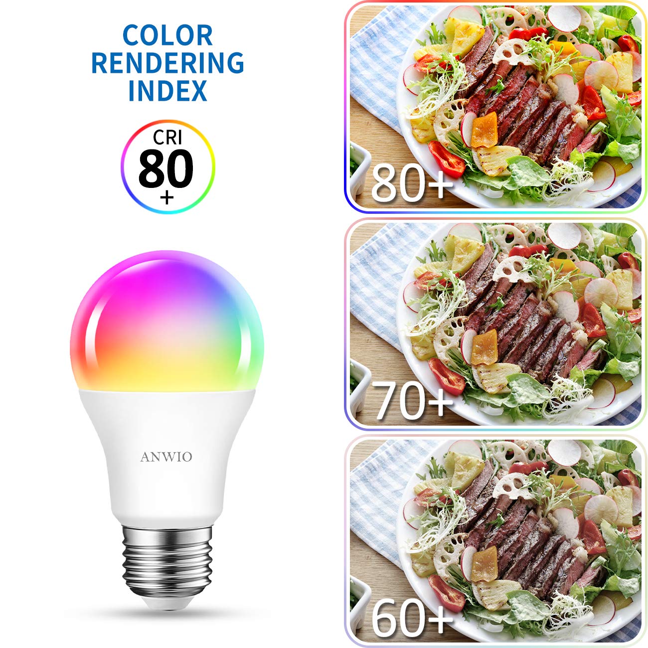 ANWIO 2-Pack Smart Light Bulbs 8.5W (60W Replacement) A19 E26 LED Bulb Work with Alexa, Google Assistant, Smart Life App, Tuya App, Color Changing, No Hub Required