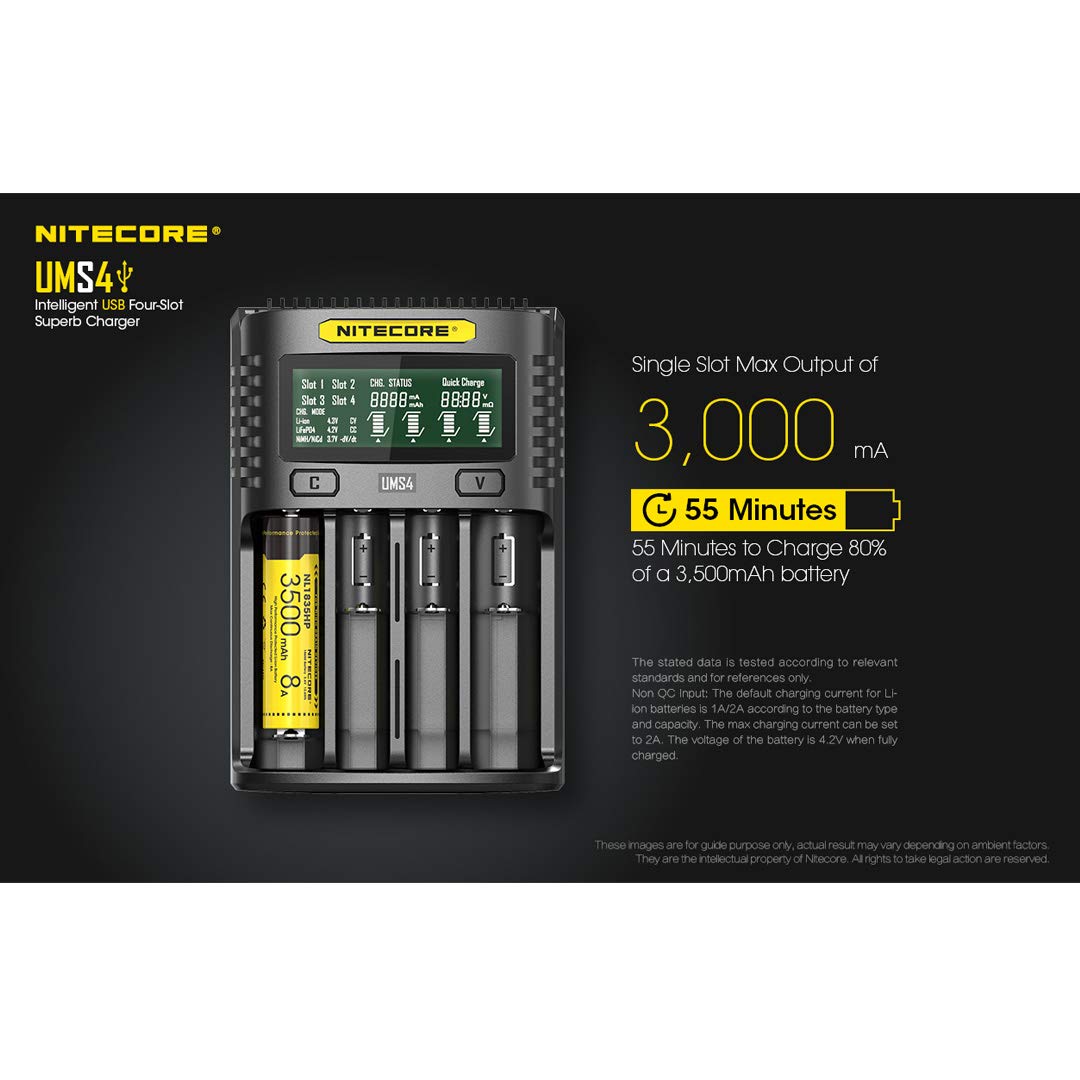 Nitecore UMS4 Intelligent USB Four Slot Quick Battery Charger for Li-Ion/Ni-MH/Ni-Cd/IMR 16340 14500 18650 21700 20700 AA AAA and More Batteries, with LumenTac QC3.0 Charging Adapter