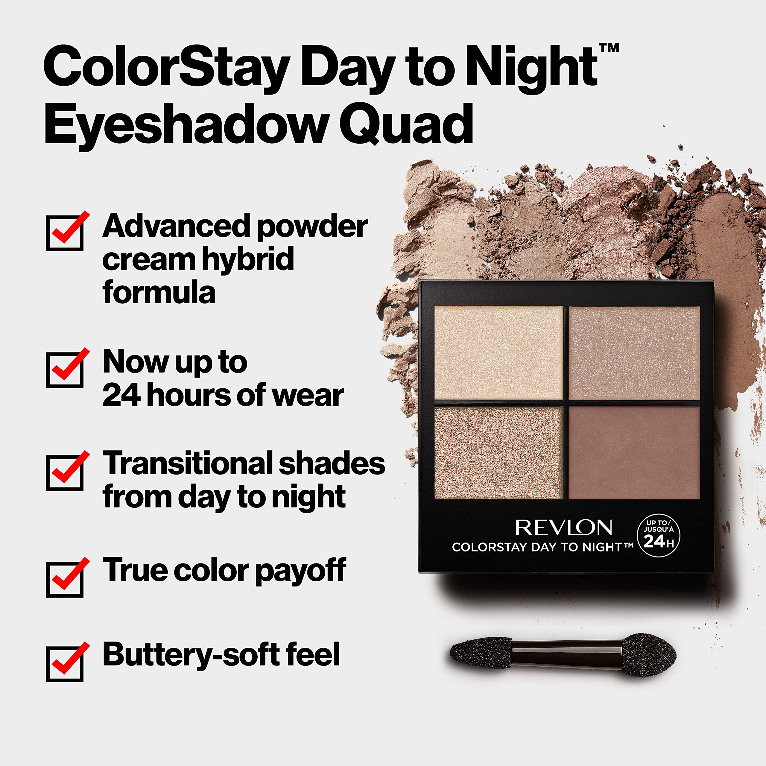 Revlon ColorStay Day to Night Eyeshadow Quad, Longwear Shadow Palette with Transitional Shades and Buttery Soft Feel, Crease & Smudge Proof, 500 Addictive, 0.16 Oz