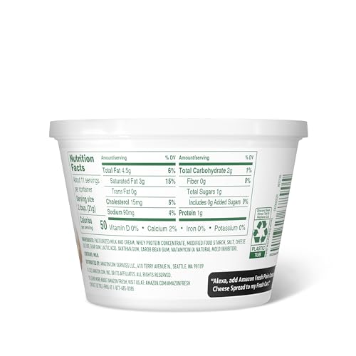 Amazon Fresh, Whipped Cream Cheese Spread, Plain, 8 Oz (Previously Happy Belly, Packaging May Vary)