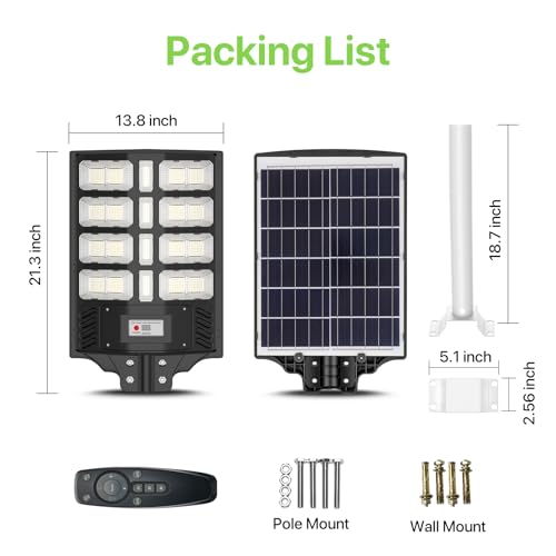 Glitgate Solar Street Light Outdoor, 1000W Dusk to Dawn Solar Parking Lot Light, 7000K Motion Sensor Solar Powered Flood Light, Remote Control IP65 Solar Security Lighting for Yard, Road, Driveway