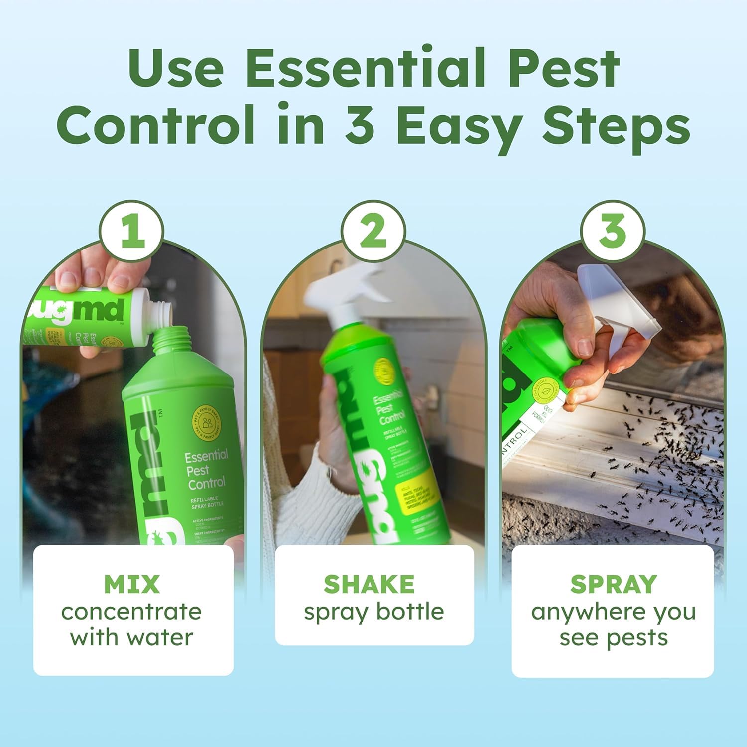 BugMD Ant Killer & Bug Spray Concentrate - Roach and Cockroach Killer Indoor, Spider & Flea Spray for Home, Fly and Insect Defense, Safe with Essential Oils, Plant-Powered, Pest Control Kit