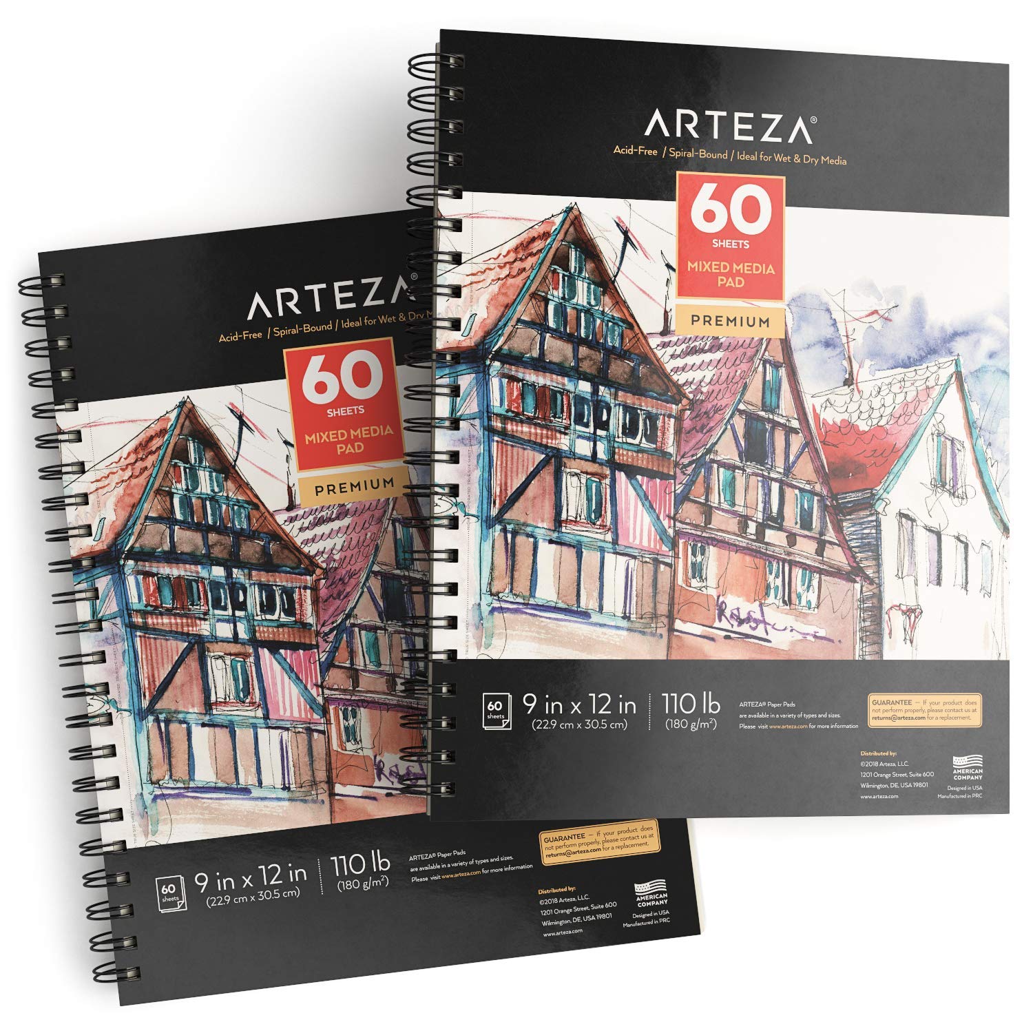ARTEZA Mixed Media Sketchbook, 9 x 12 Inches, Pack of 2, 60 Sheets Each, Spiral-Bound Drawing Paper Pad for Wet and Dry Media
