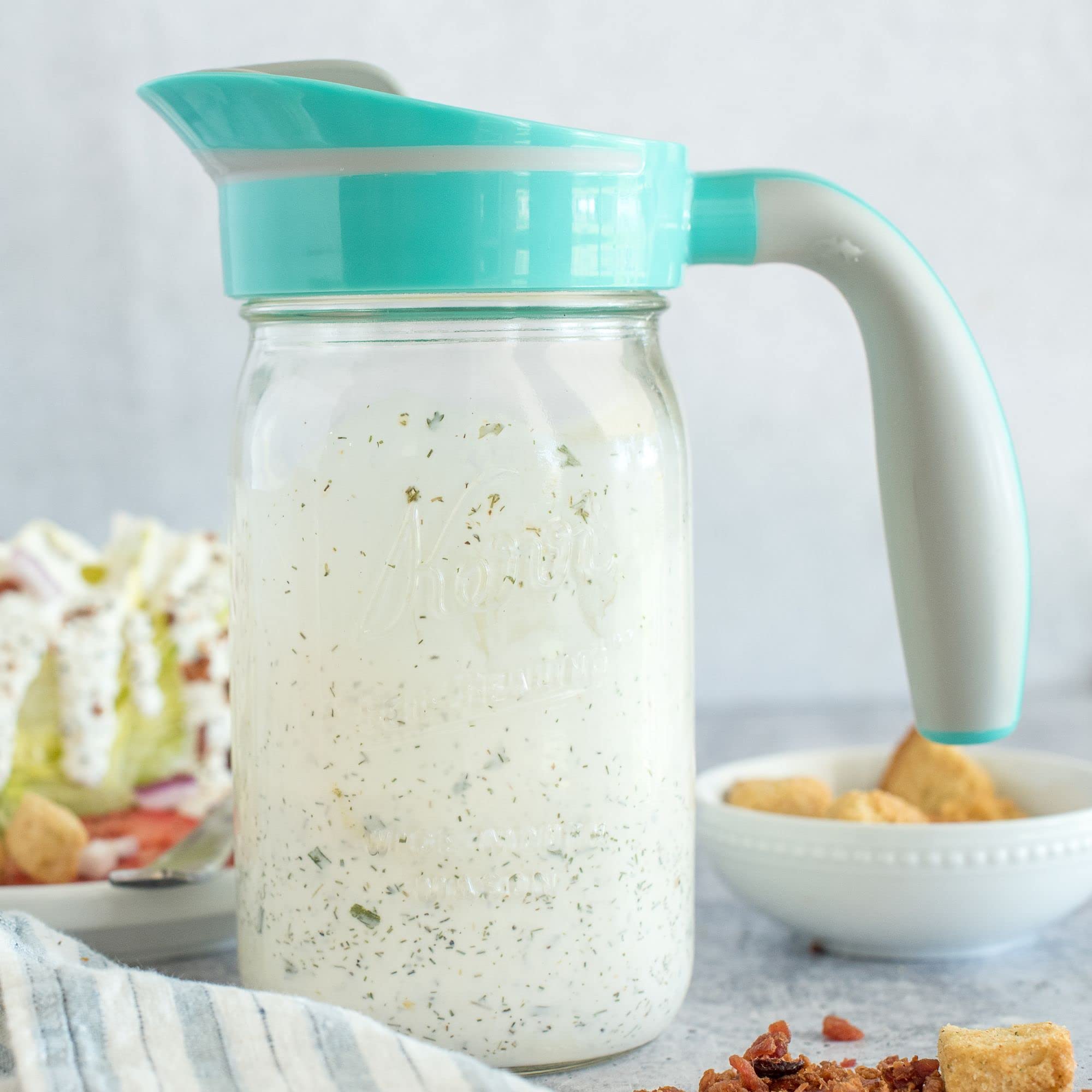 Ergo Spout WIDE - Mason Jar Traditional Styled Pitcher Lid with Ergonomic Handle β Airtight and Leak-Proof Seal - Wide Mouth, Vintage Blue -Teal