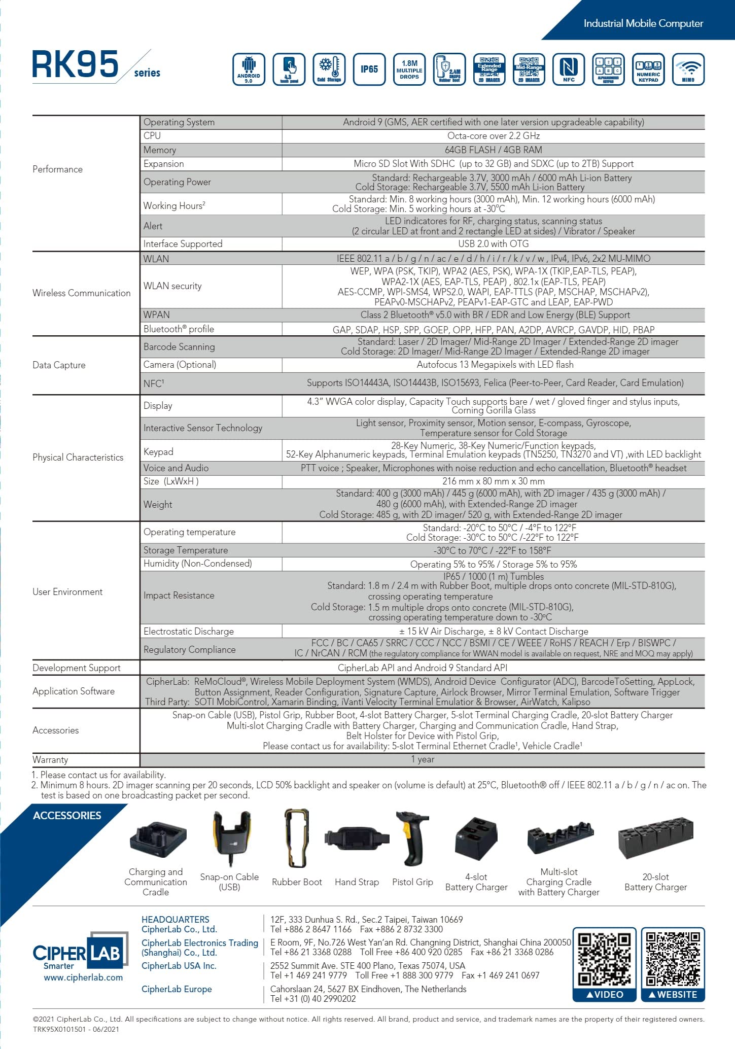 CipherLab RK95 2D Imager/Barcode Scanner/UPC Reader Android 9 Worldwide GMS & AER Certified 802.11 a/b/g/n/ac Bluetooth 5.0 Non-NFC 3,000 mAh Li-ion Battery
