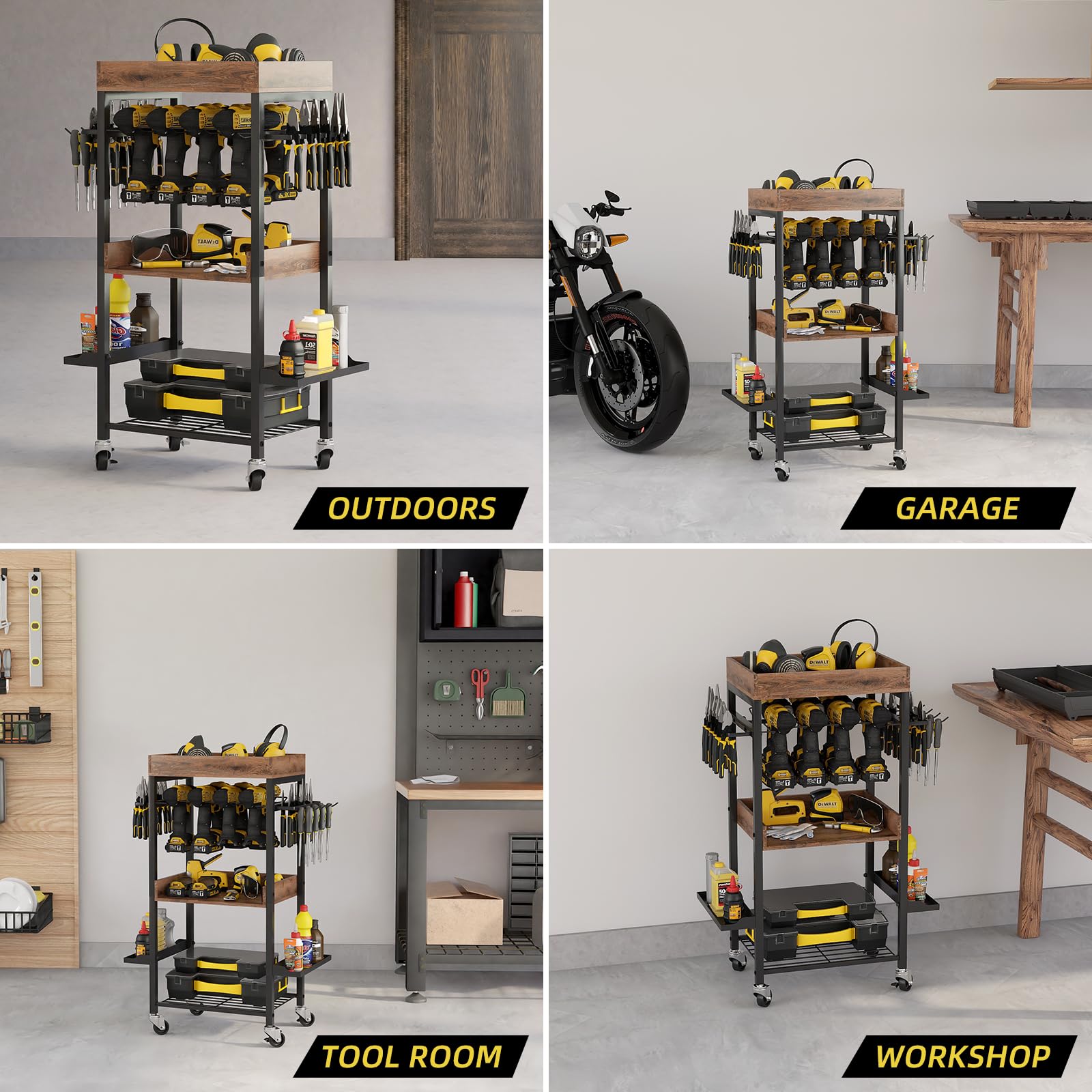 Power Tool Organizer Cart, Metal Rolling Tool Chest with Wheels, 4 Layer Garage Tool Storage Organization Shelving, Movable Drill Rack Tool Holder for Workbench, Workshop and Garage